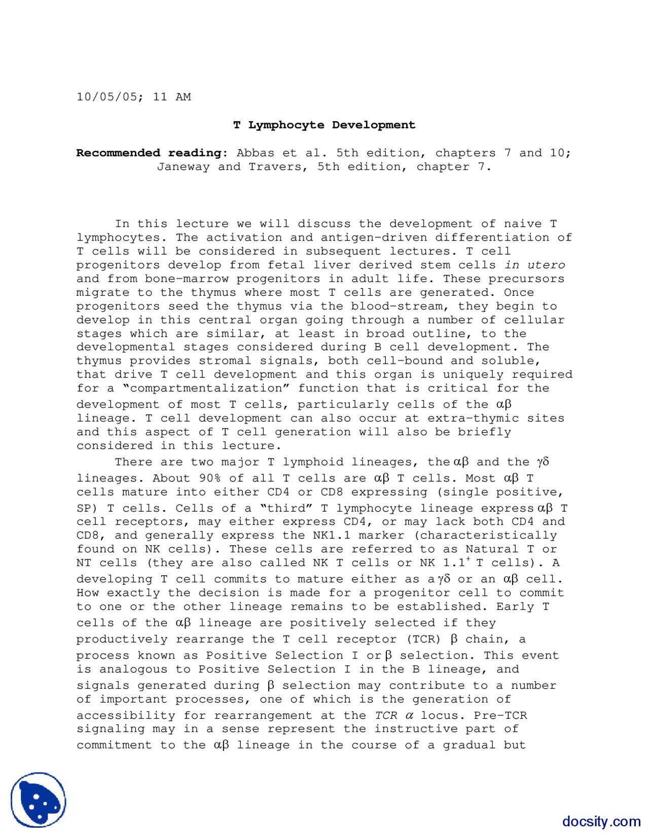 T Lymphocyte Development Immunology Lecture Handout Docsity