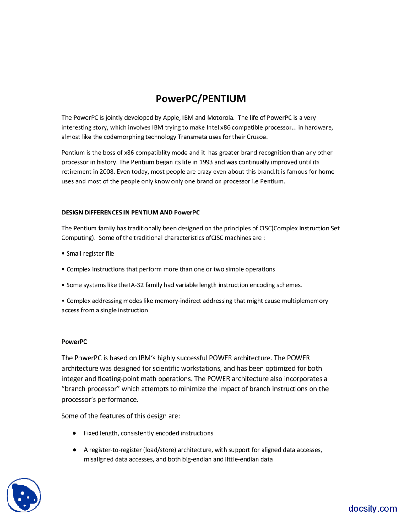 Powerpc Pentium Microprocessor And Computer Architecture Handout Docsity