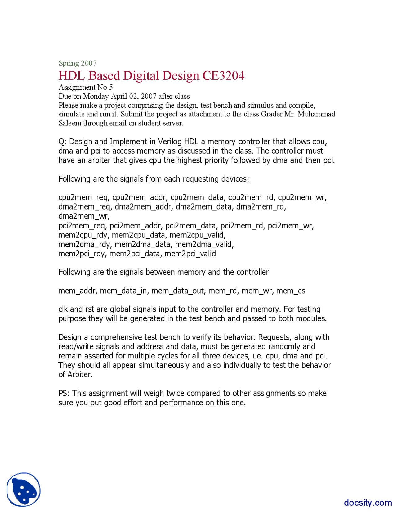 Memory Controller Digital System Design Assignemnt Docsity