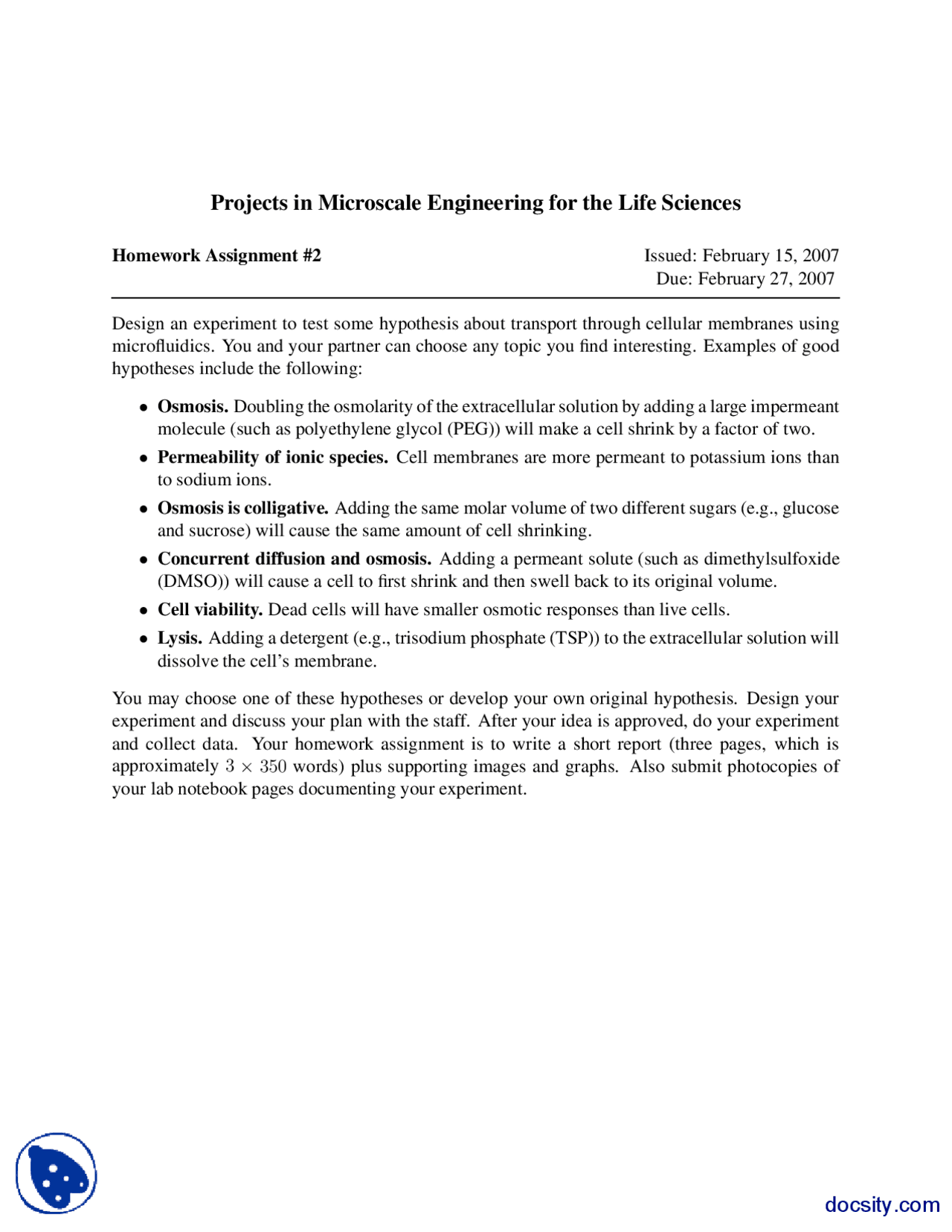 Osmosis Permabilty And Lysis Micro Cellular Engineering Assignment