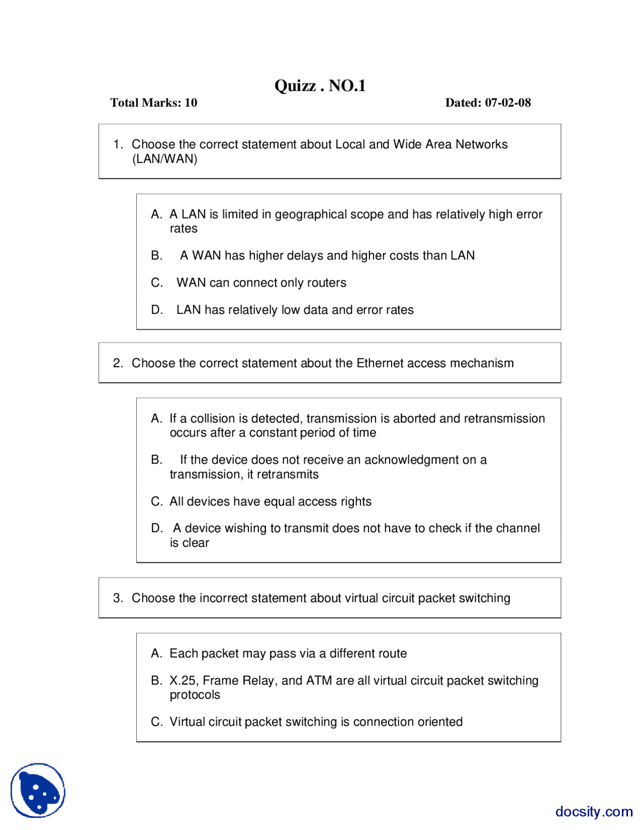 Lan And Wlan Data Communication Network Quiz Exercises Data