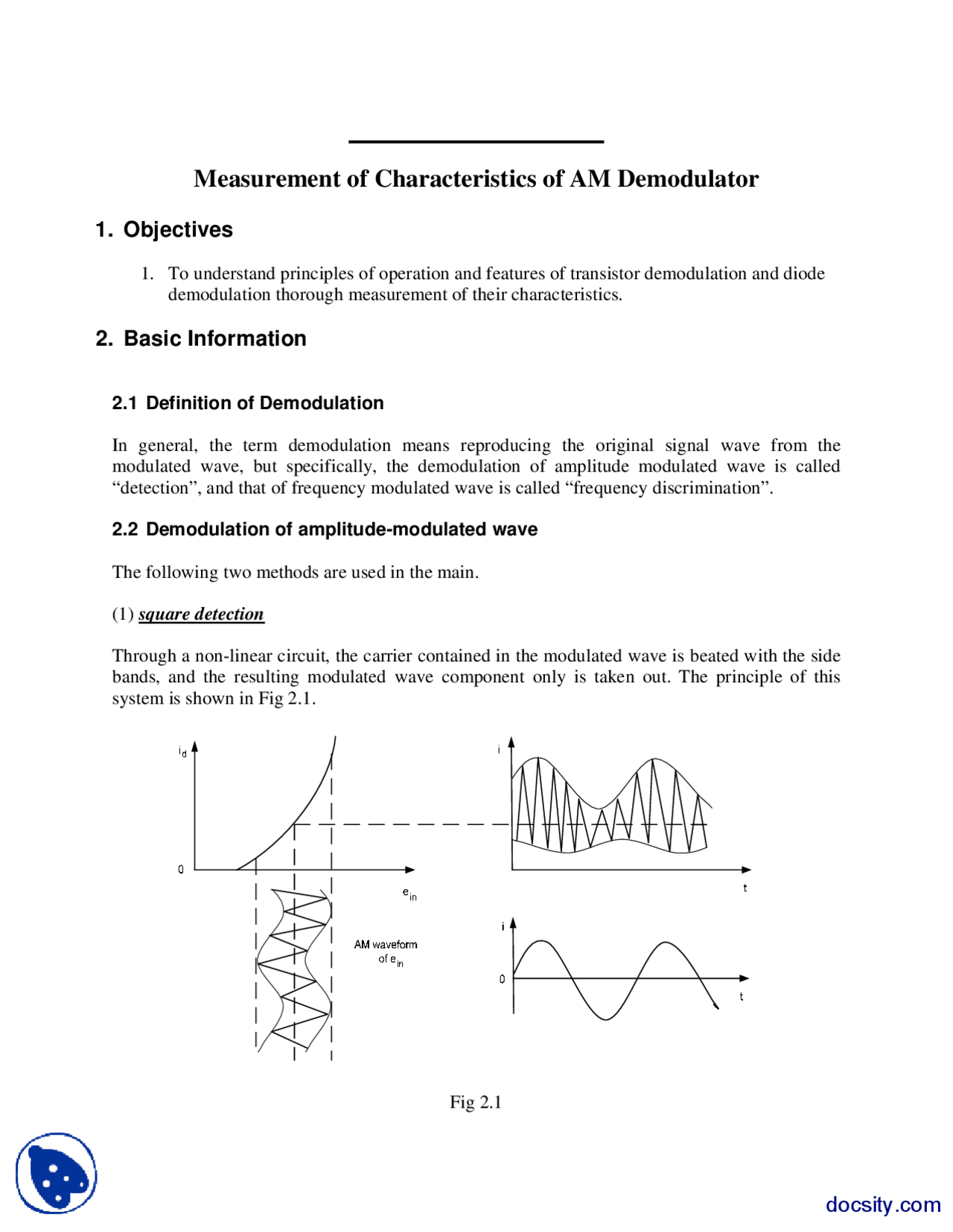 Measurement of Characteristics of AM Demodulator-Communication Systems-Lab Mannual - Docsity