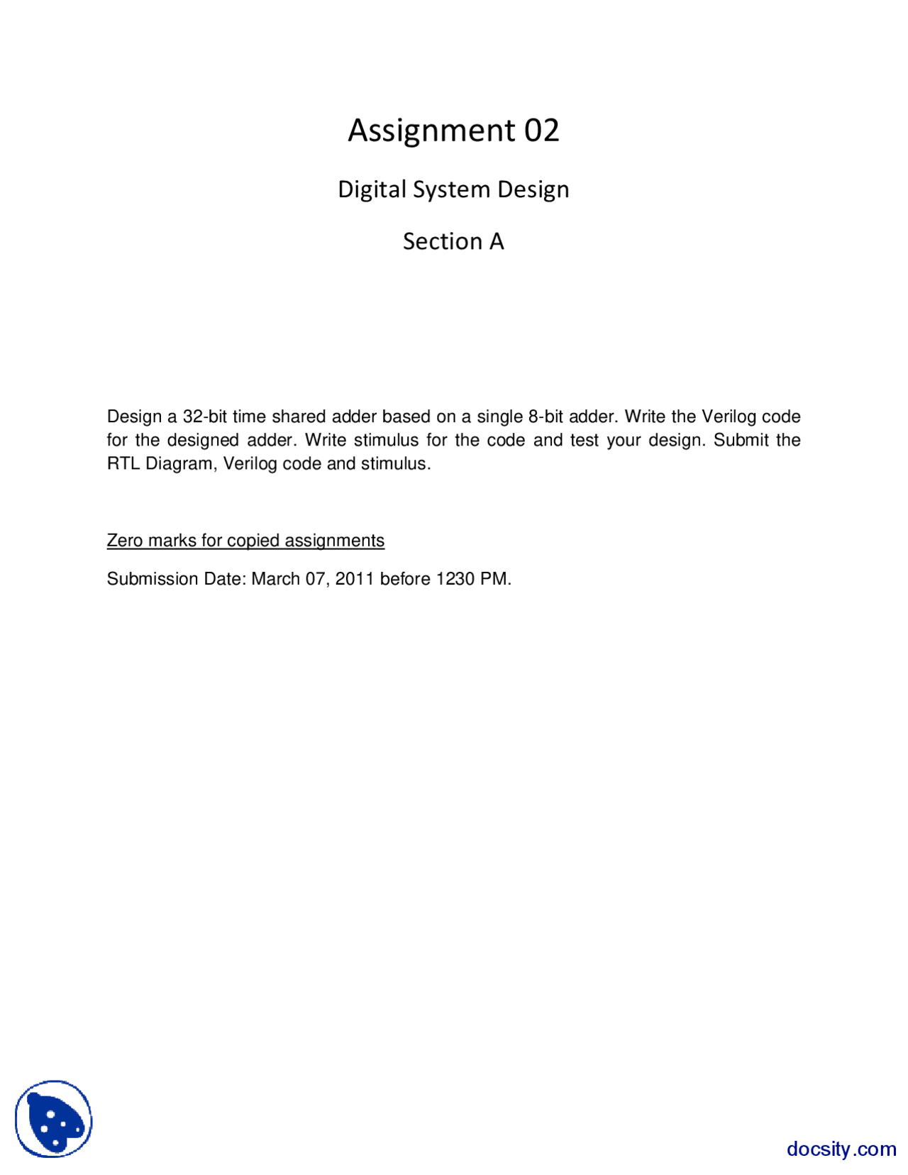 32 Bit Time Shared Adder Digital System Design Assignemnt Docsity
