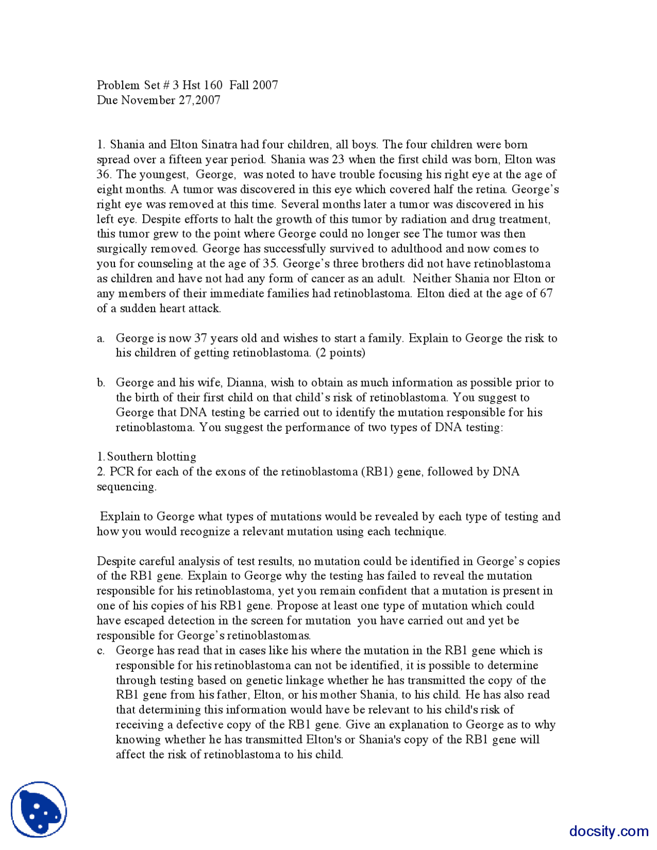 DNA in Families-Medical Genetics-Assignment - Docsity