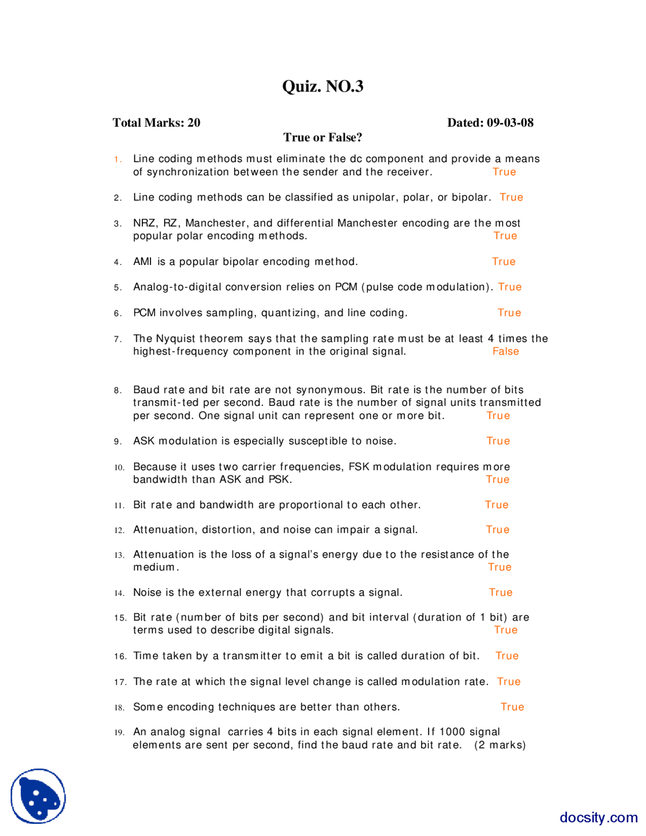 Line Coding and PCM-Data Communication Network-Quiz | Exercises Data Communication Systems and ...