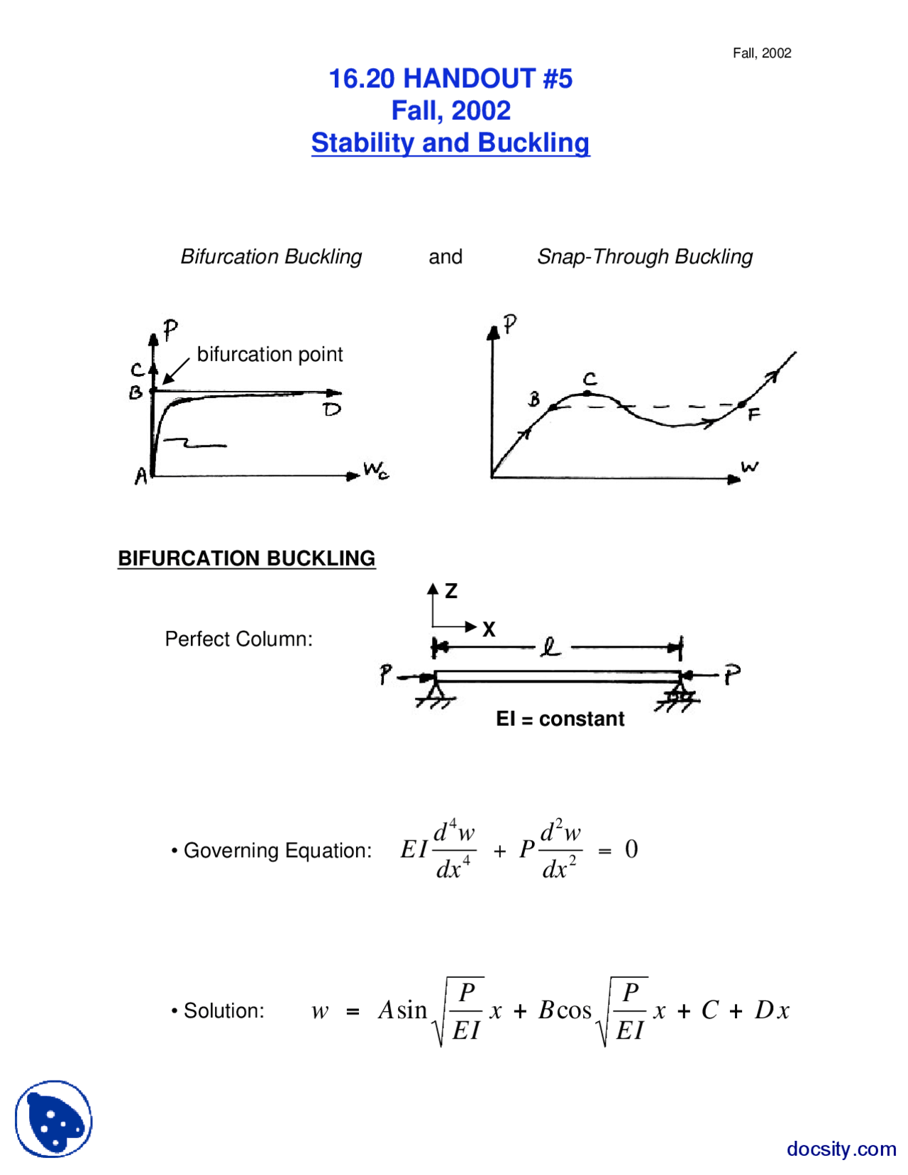 Stability and Buckling-Material and Structures-Lectrue Handout - Docsity