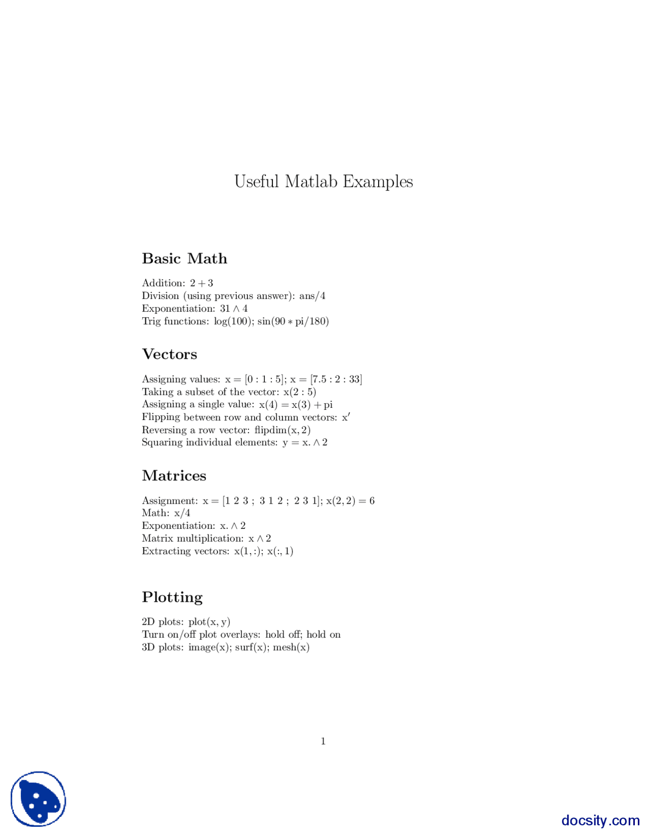 Useful Matlab Examples Micro Cellular Engineering Lecture Handout Docsity
