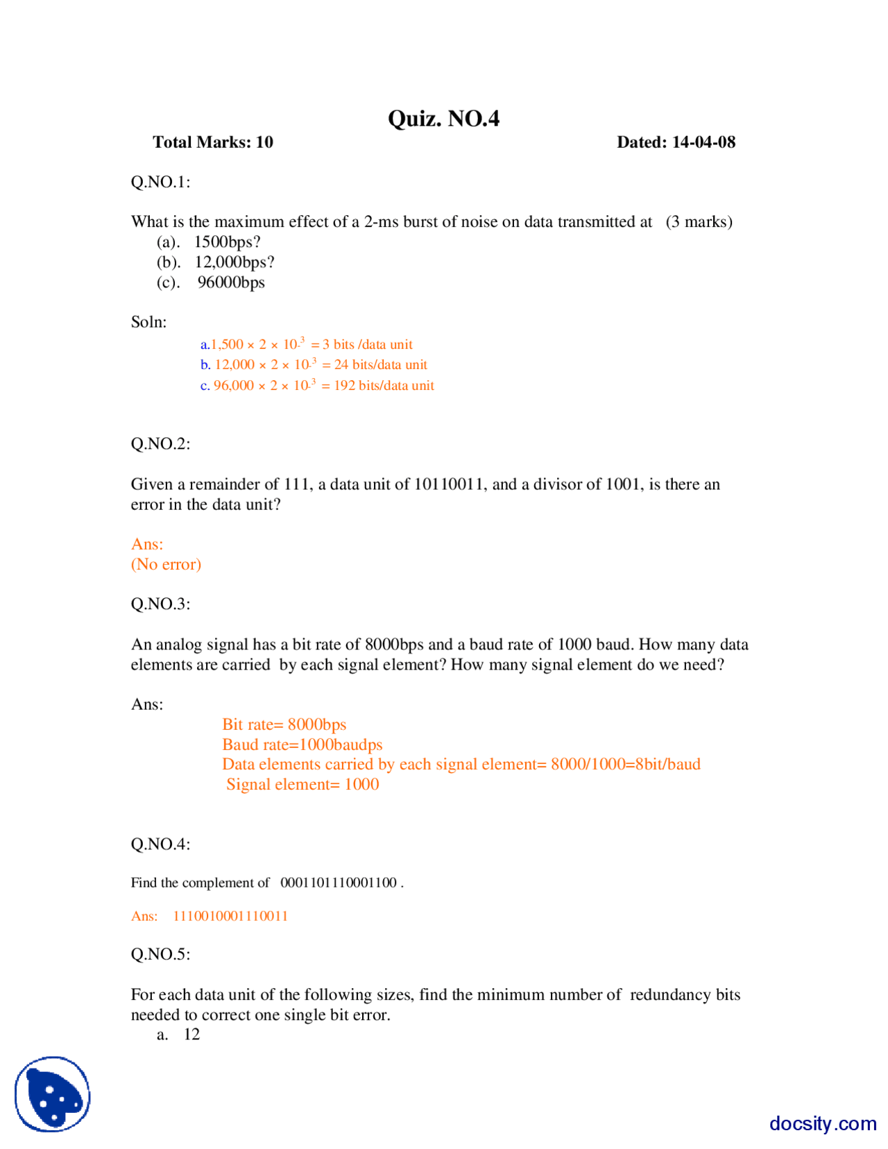 Transmission Noise Data Communication Network Quiz Docsity