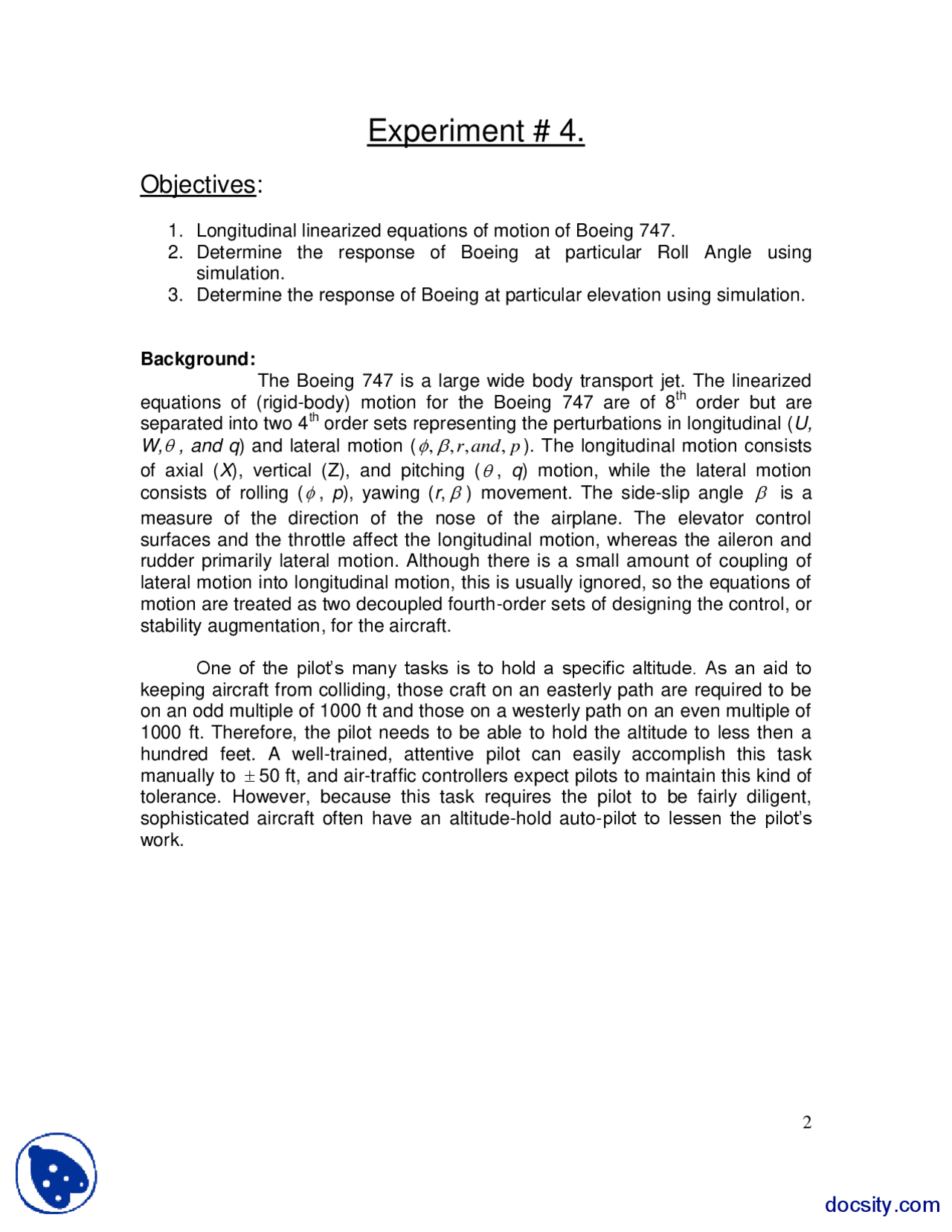 Longitudinal Linearized Equations Control Systems Lab Report Docsity