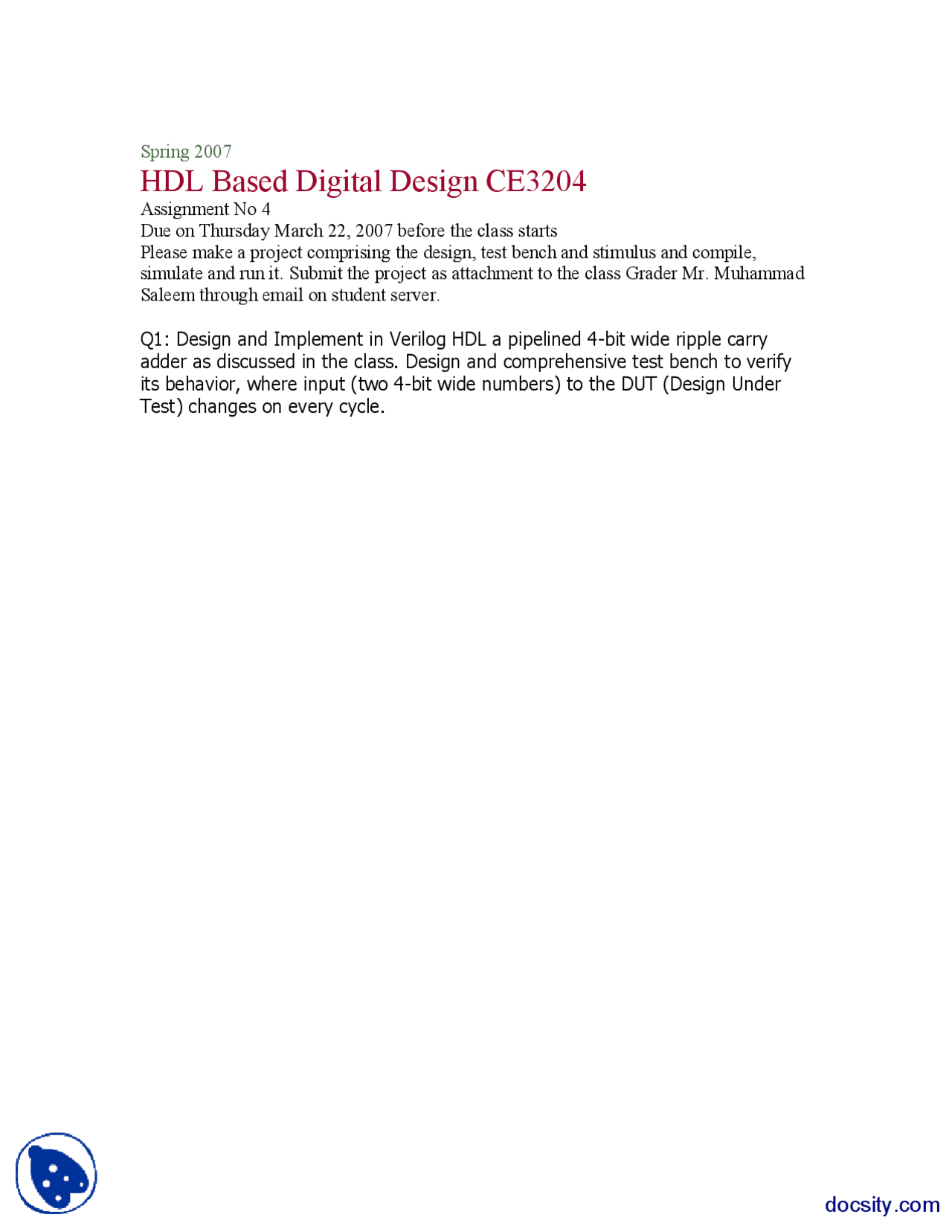 Rippler Carry Counter Digital System Design Assignemnt Docsity