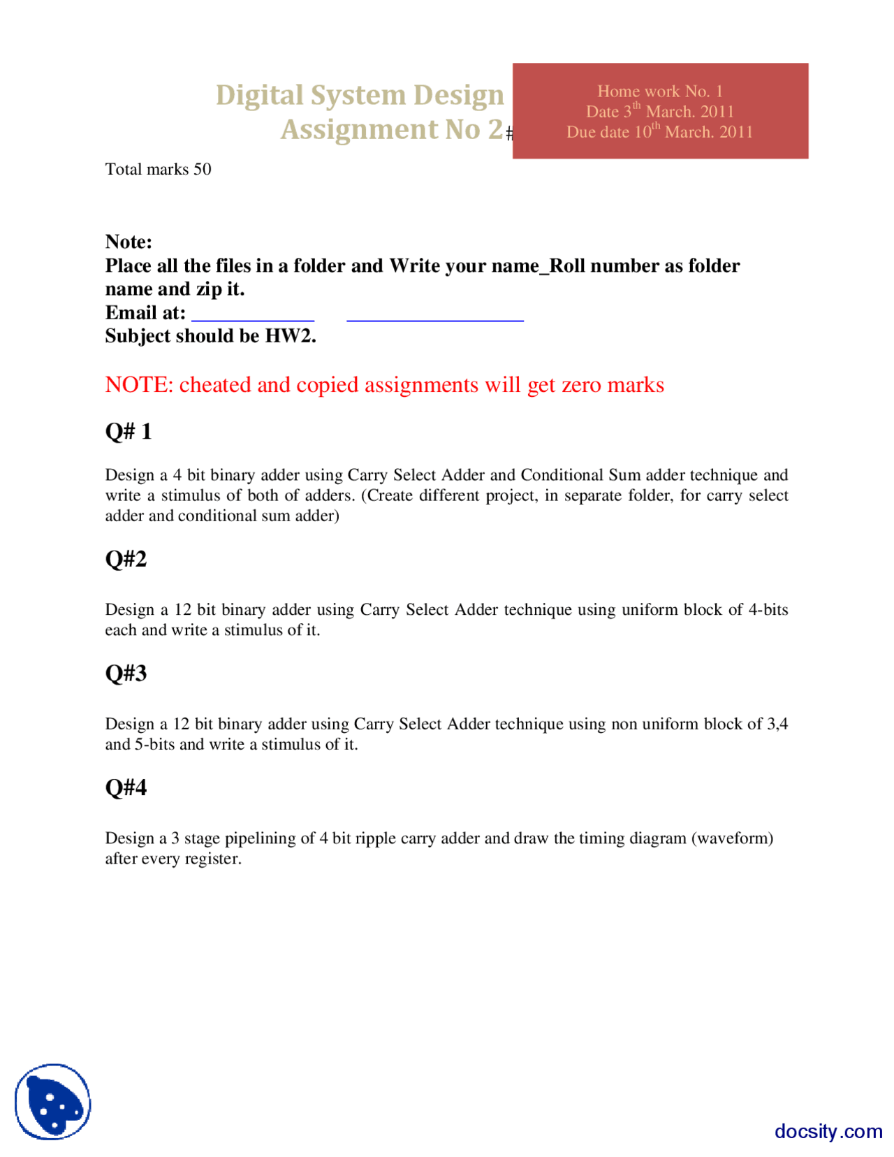 Binary Adder Digital System Design Assignemnt Docsity