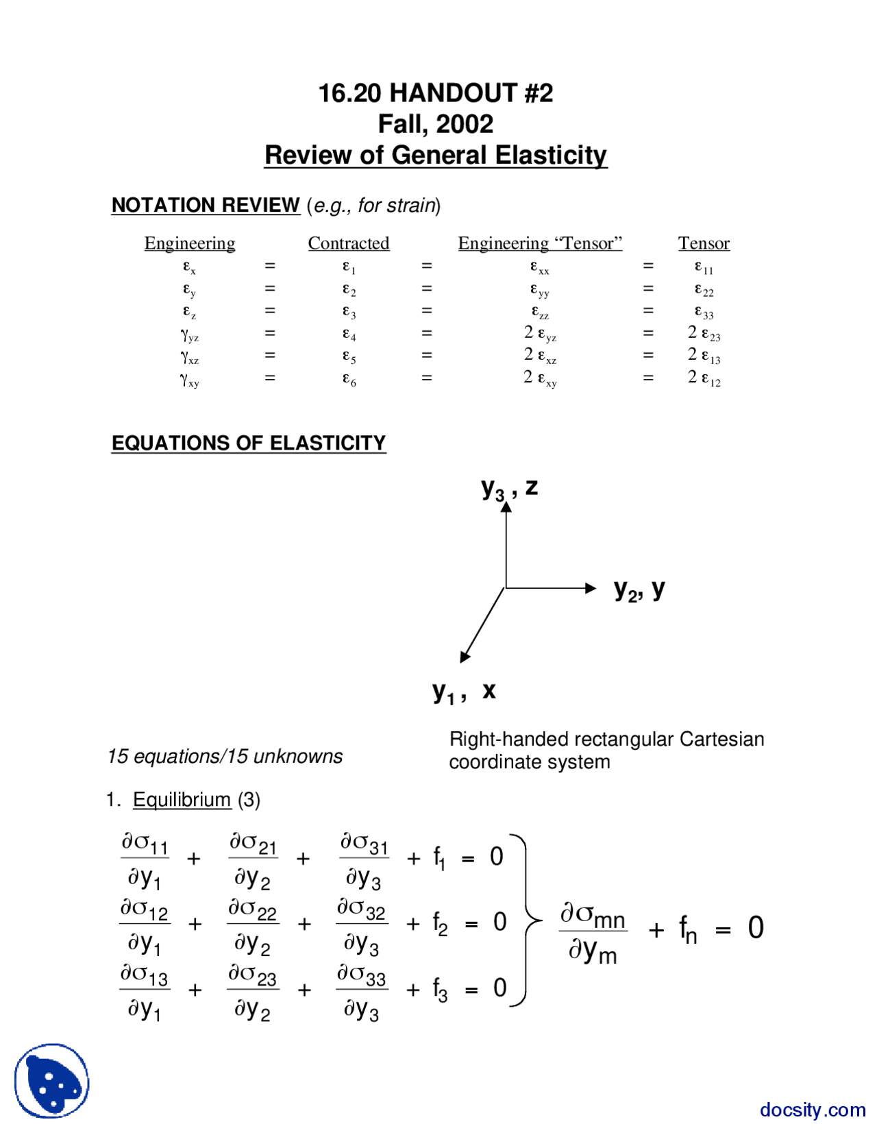 Review Of General Elasticity Material And Structures Lectrue Handout