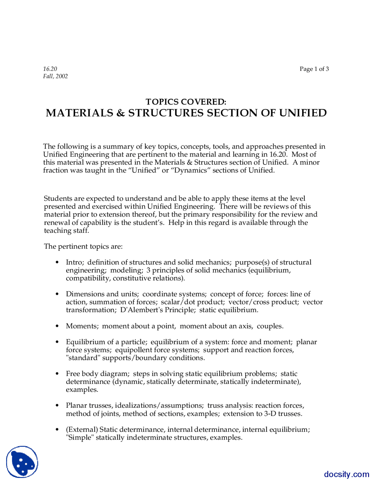 Course Contents-Material and Structures-Course Outline - Docsity