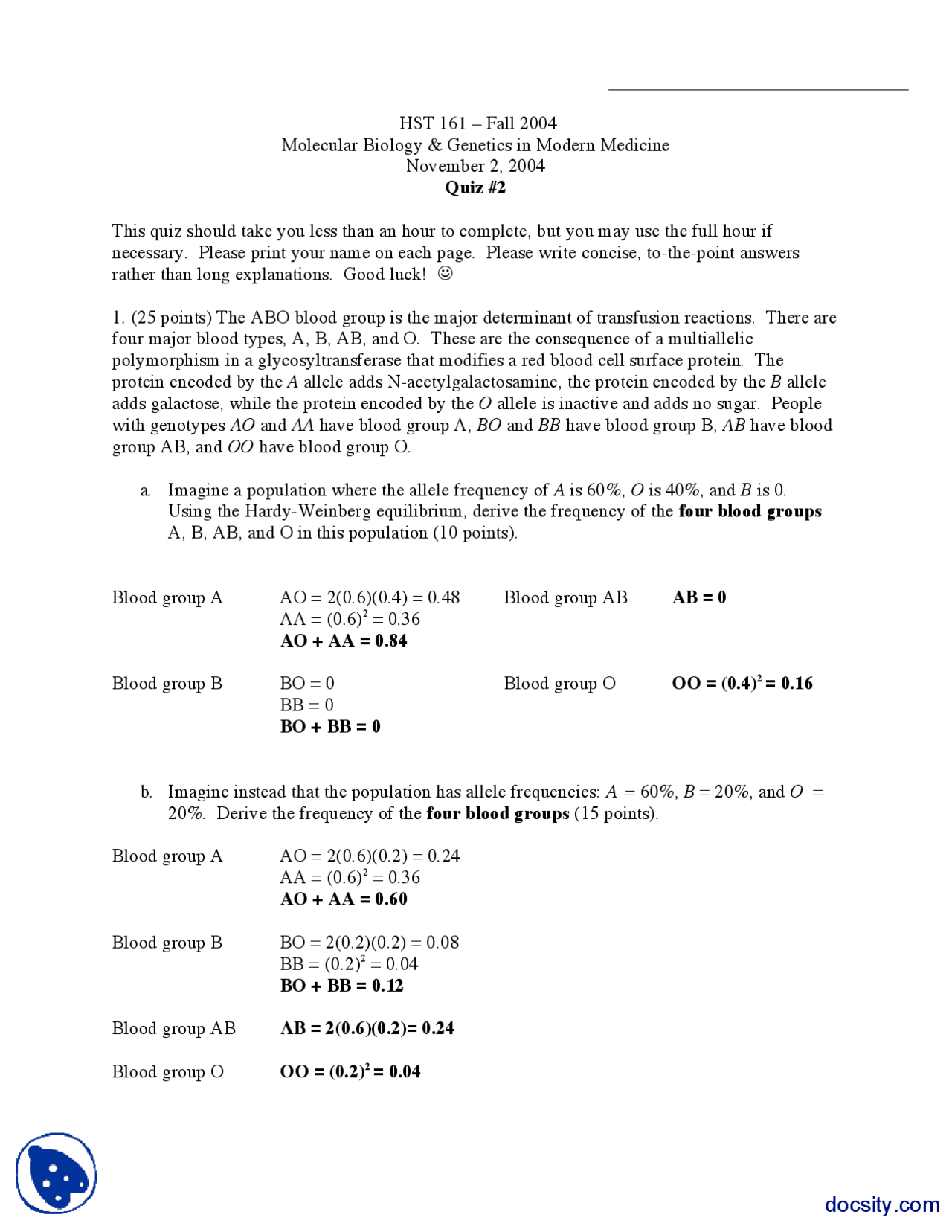 Blood Groups-Medical Genetics-Exam Paper - Docsity