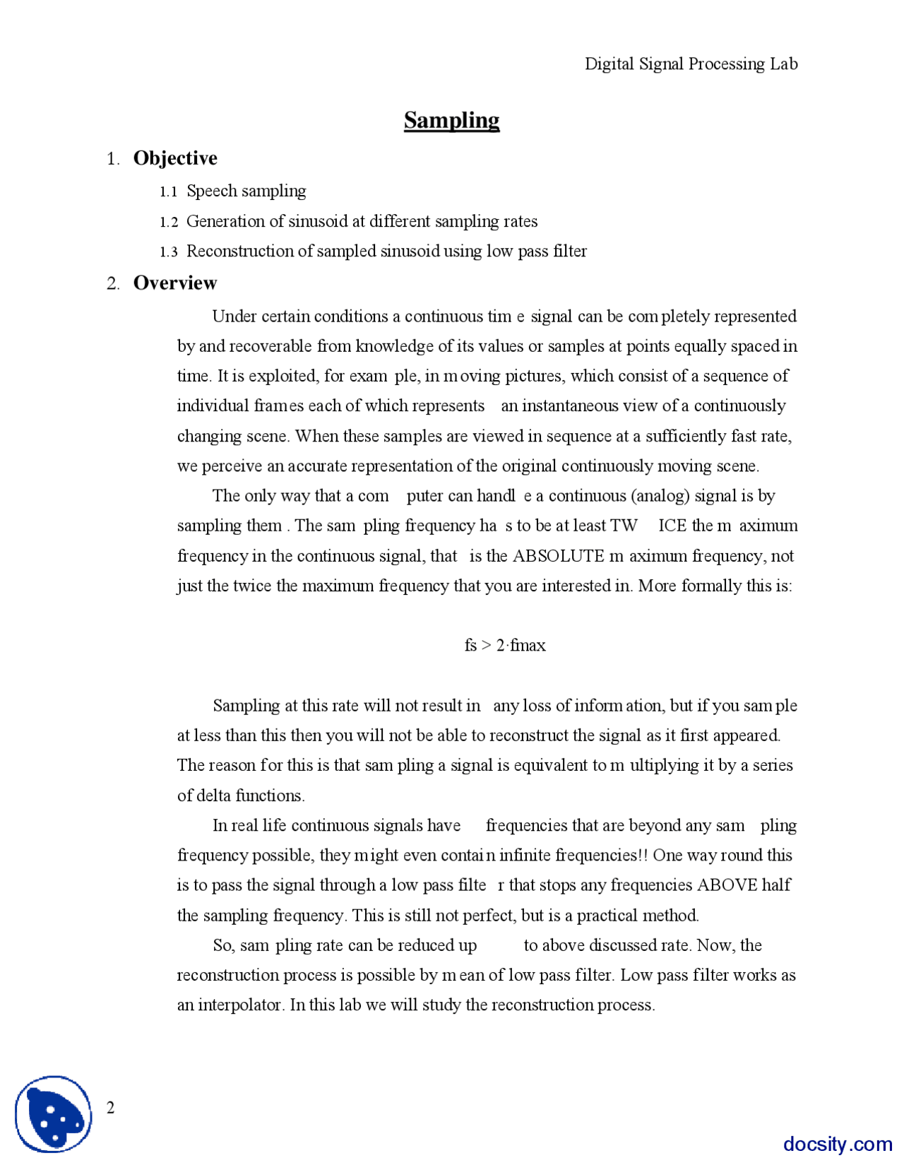 Sampling Digital Signal Processing Lab Mannual Docsity