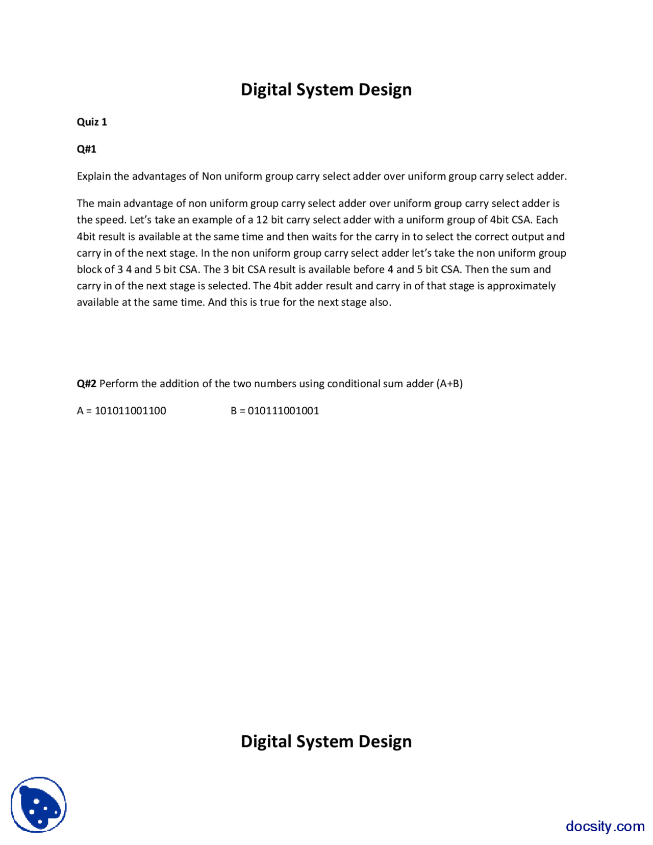 Adders Digital System Design Quiz Docsity