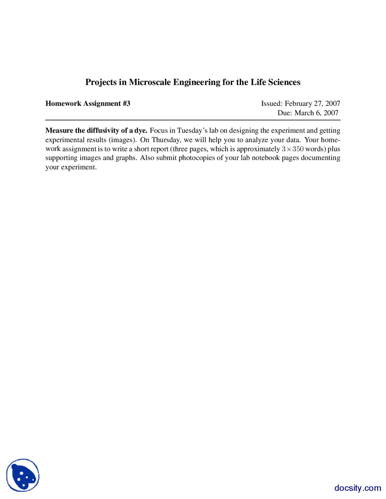 Measure The Diffusivity Of A Dye Micro Cellular Engineering Assignment