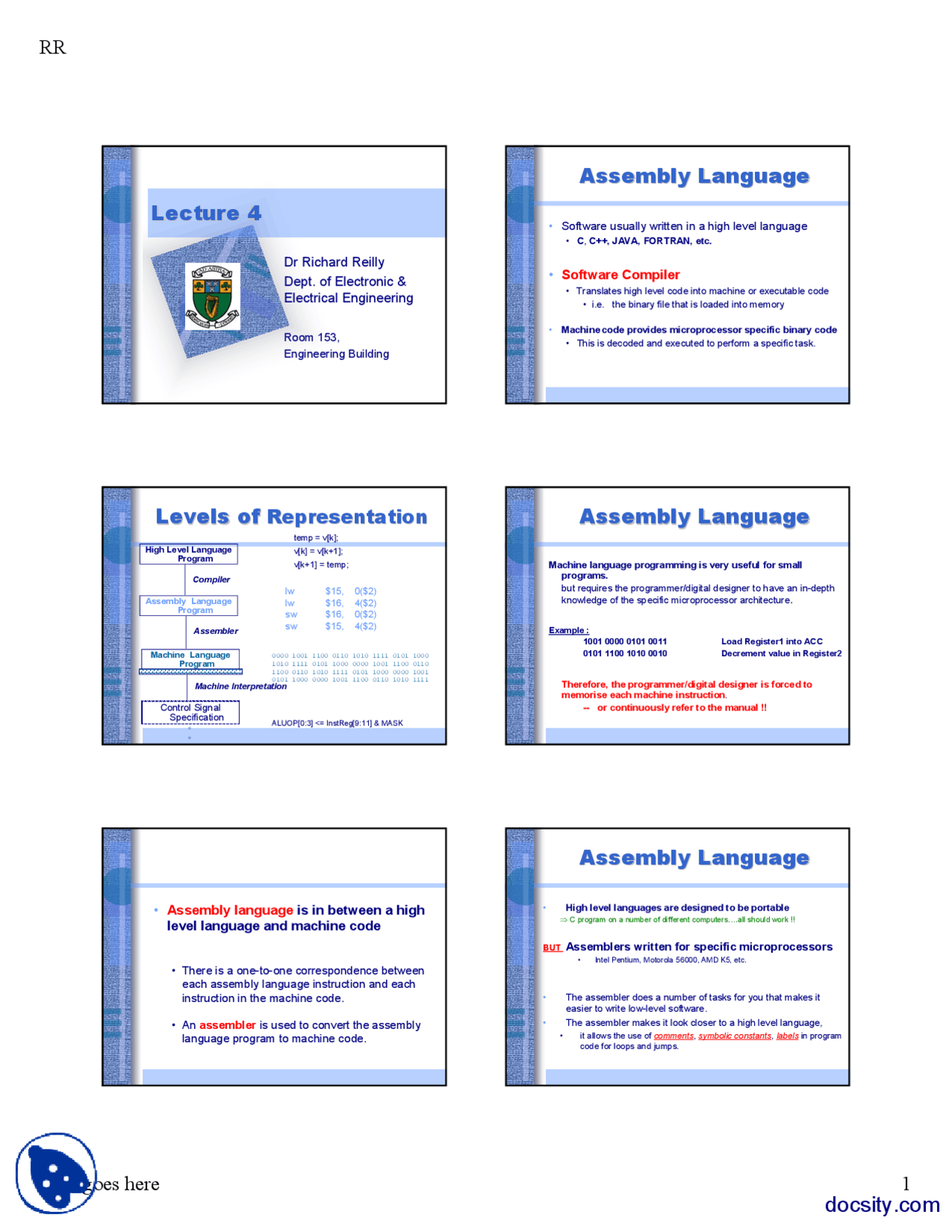 Levels Of Representation Assembly Language Programming Lecture Slides Docsity