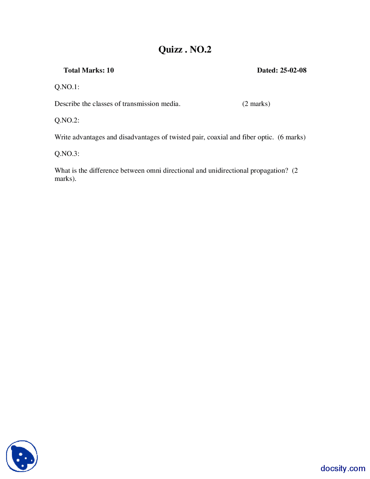 Transmission Media Data Communication Network Quiz Exercises Data Communication Systems And