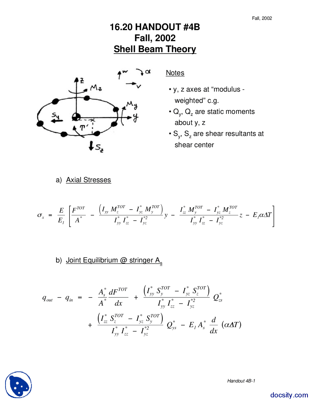 Shell Beam Theory Material And Structures Lectrue Handout Docsity