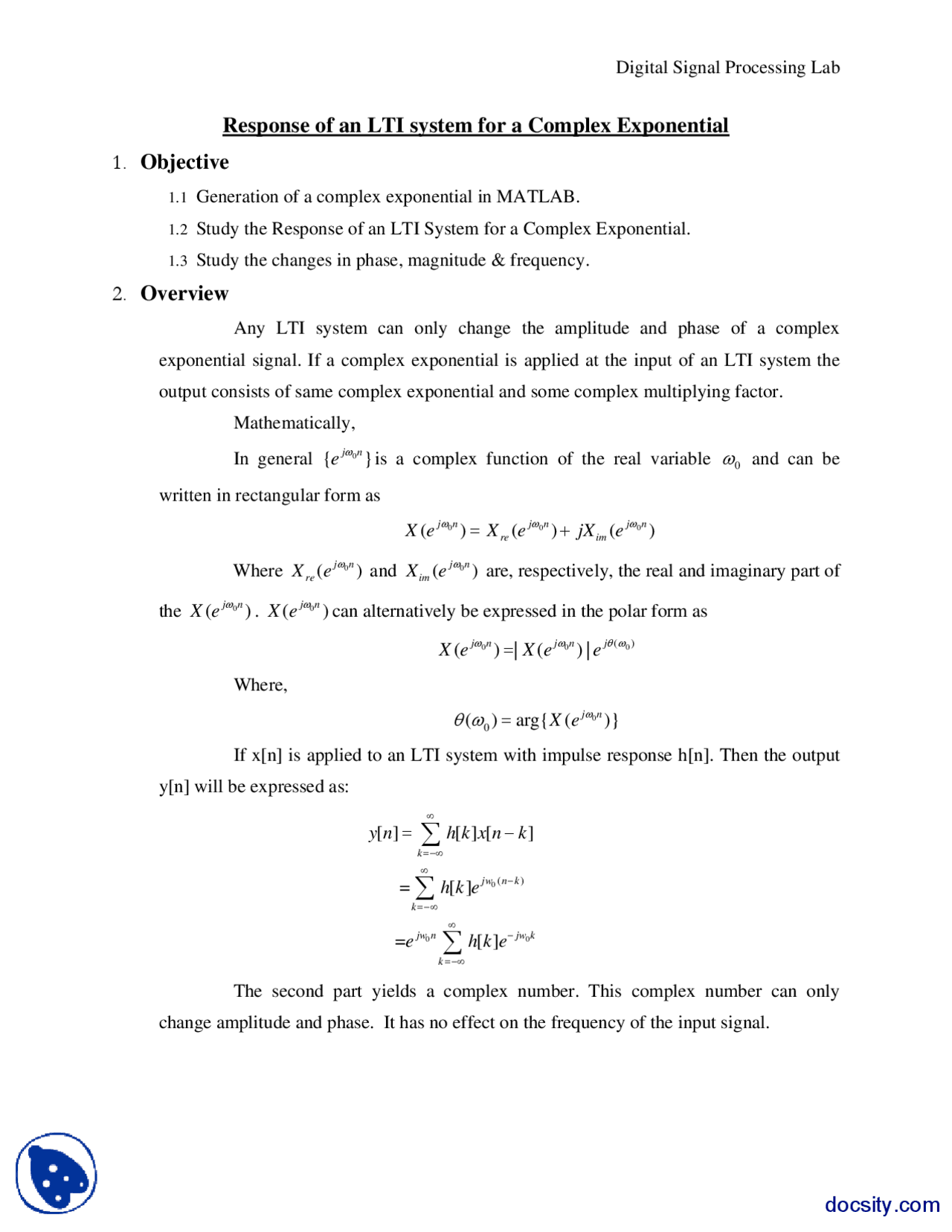 Response of an LTI system for a Complex Exponential-Digital Signal Processing-Lab Mannual ...