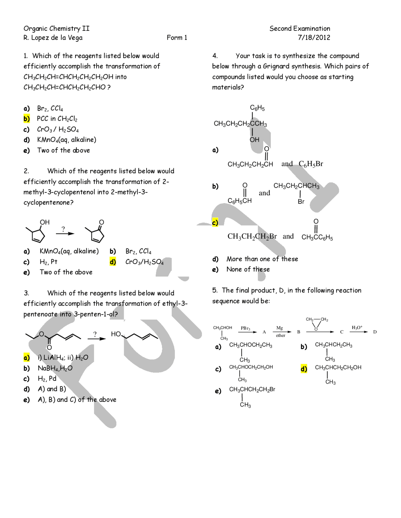 37 MCQs with Answer Exam 2 - Organic Chemistry II | CHM 2211 | Exams ...