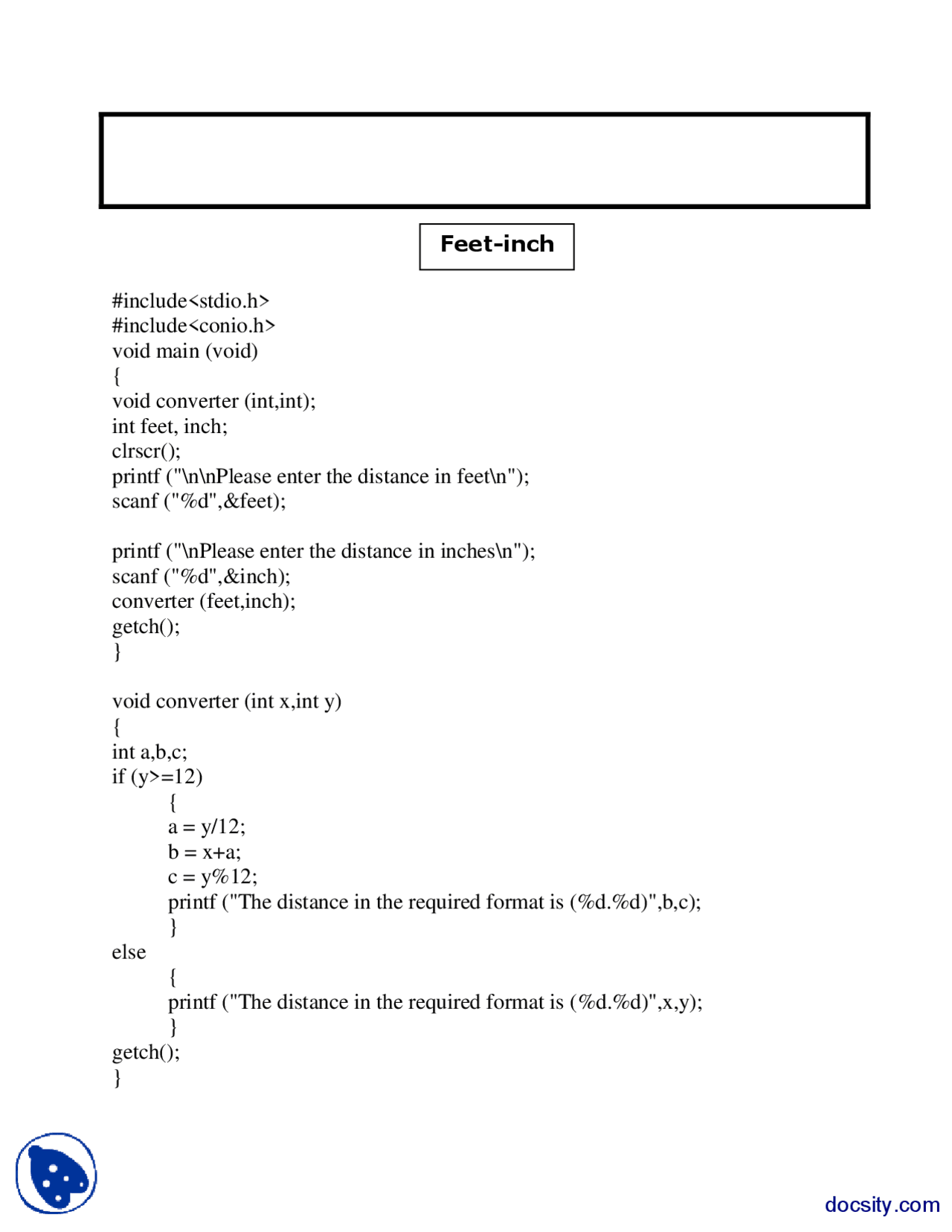 Feet To Inch-Computer Fundamentals and Programming-Coding Assignment Solution - Docsity