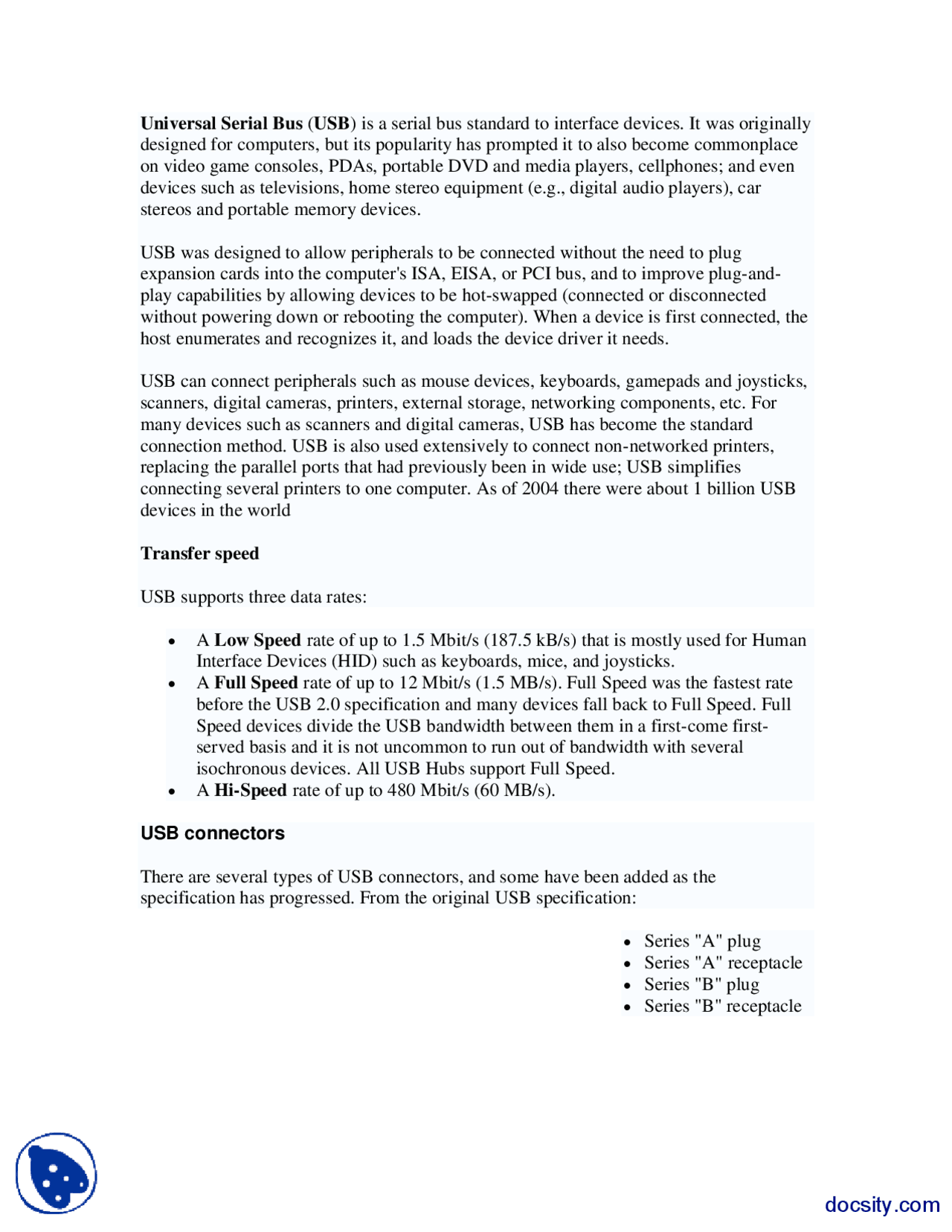 Universal Serial Bus Applications Of Computer Sciences Project Report