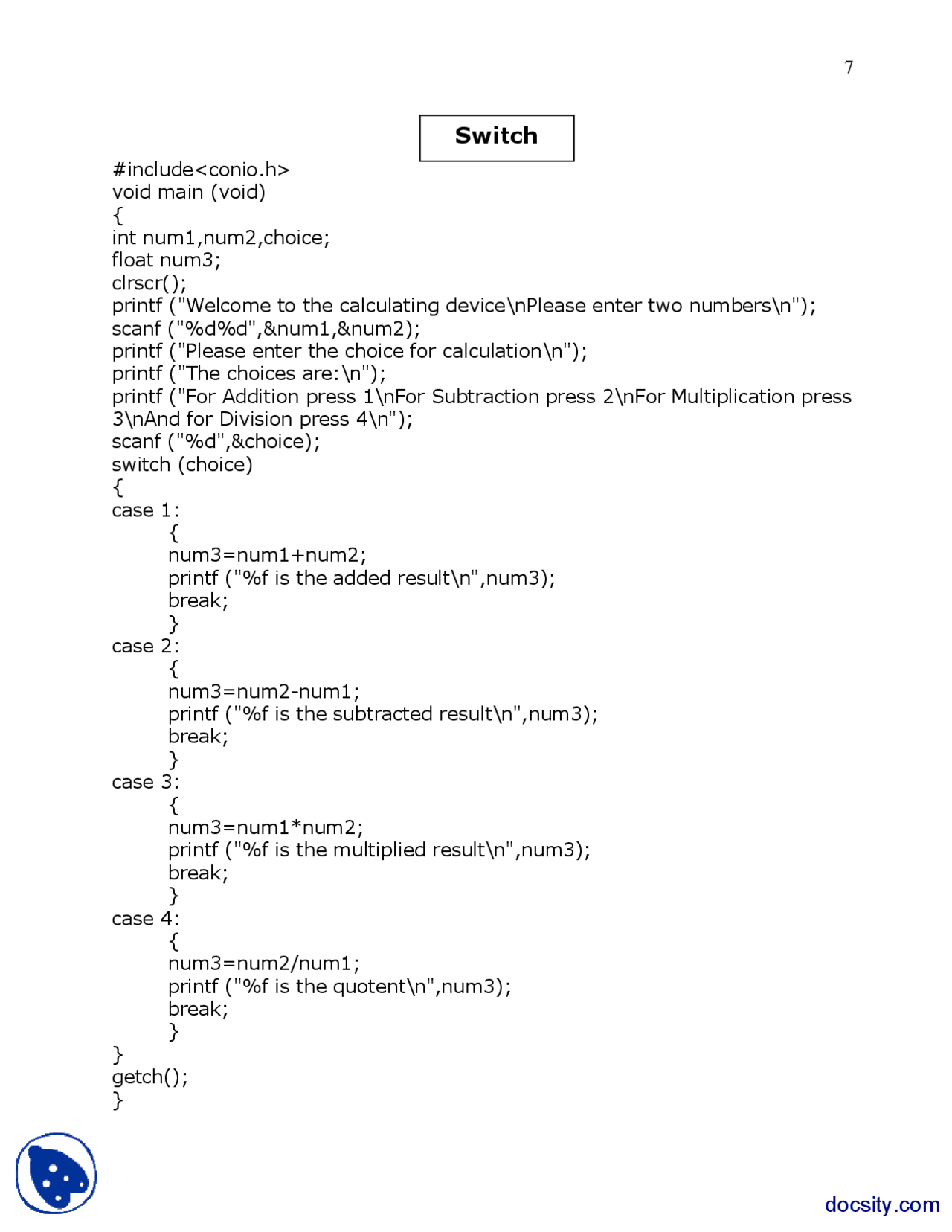 Switch-Computer Fundamentals and Programming-Coding Assignment Solution - Docsity