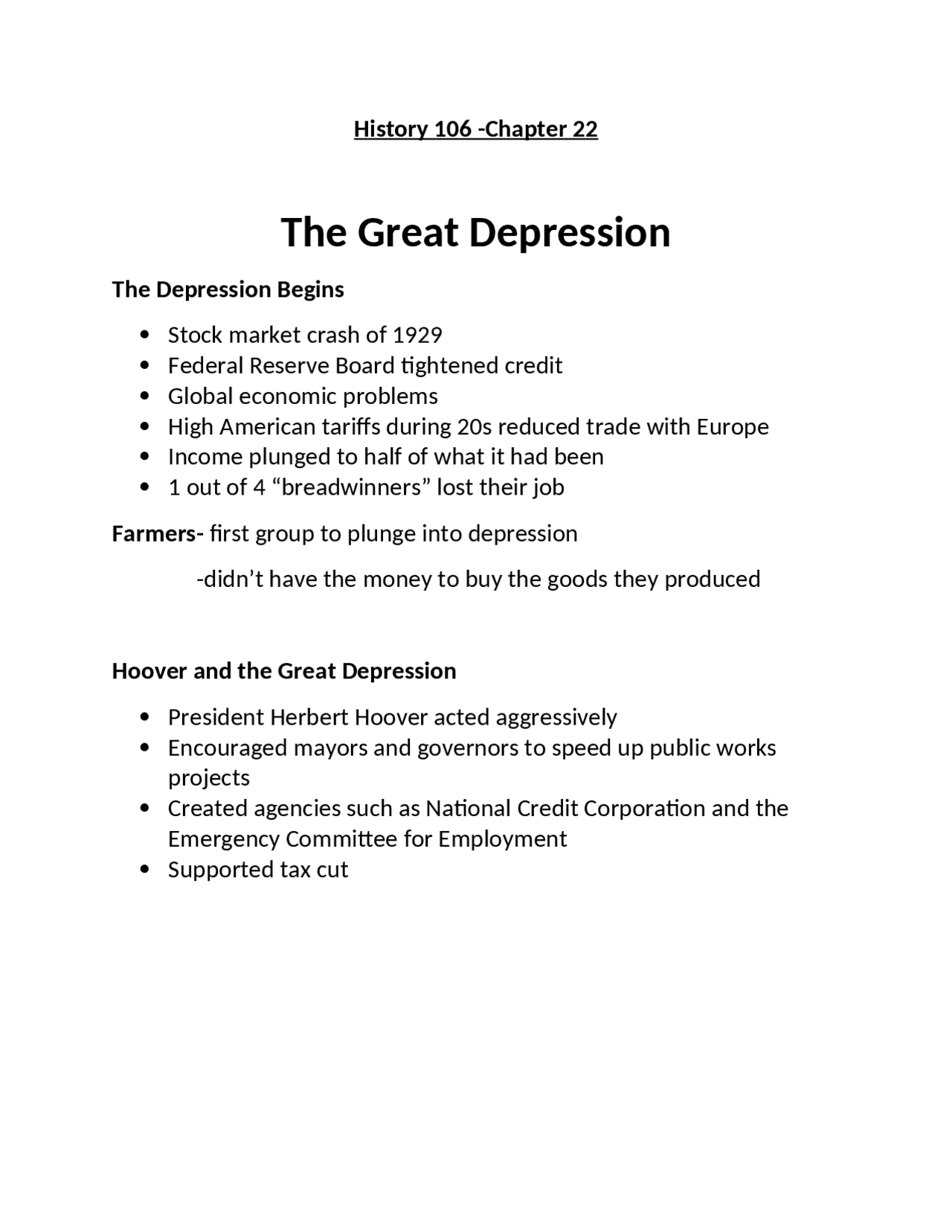 Outline for The Great Depression | HIST 106 - Docsity