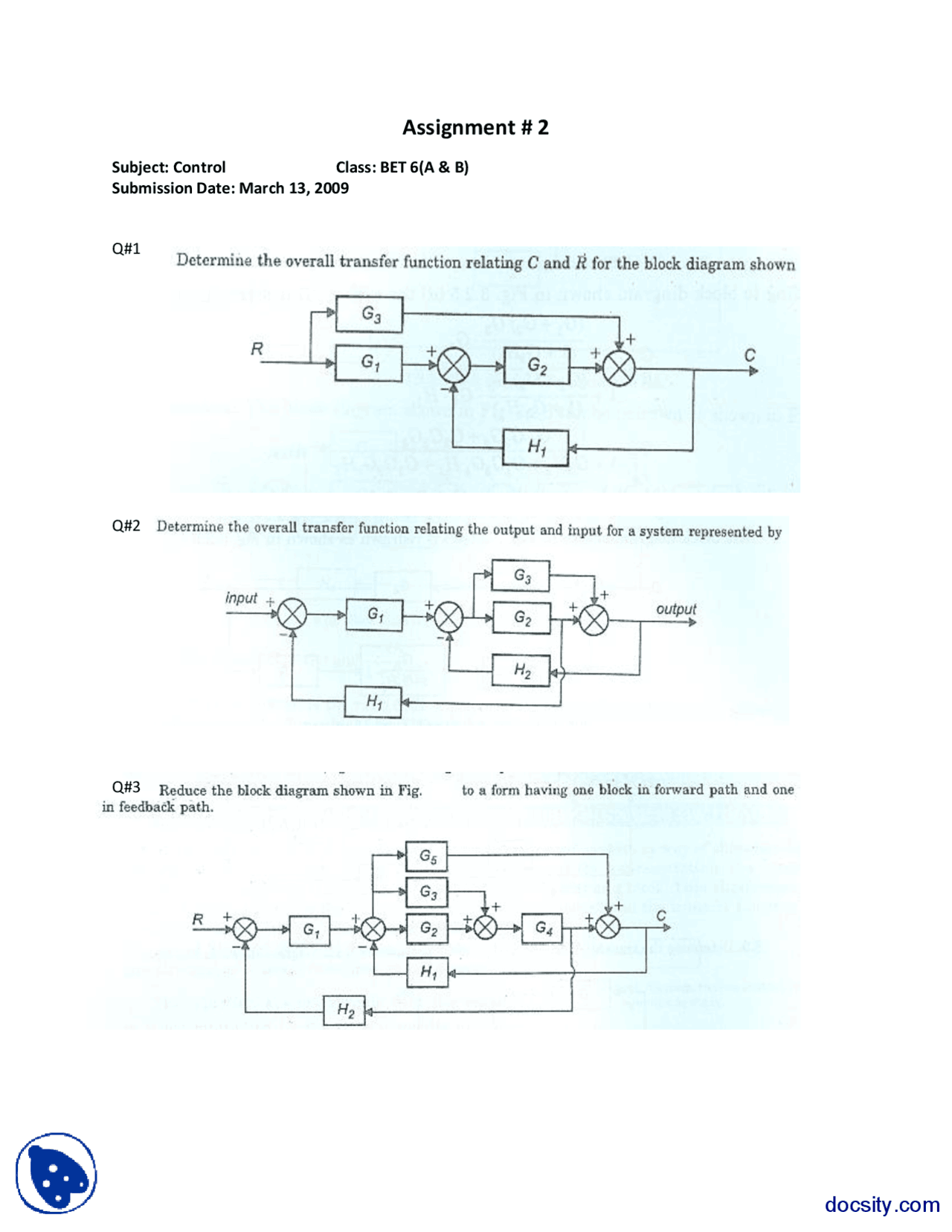 Transer Function-Control Systems-Assignment - Docsity