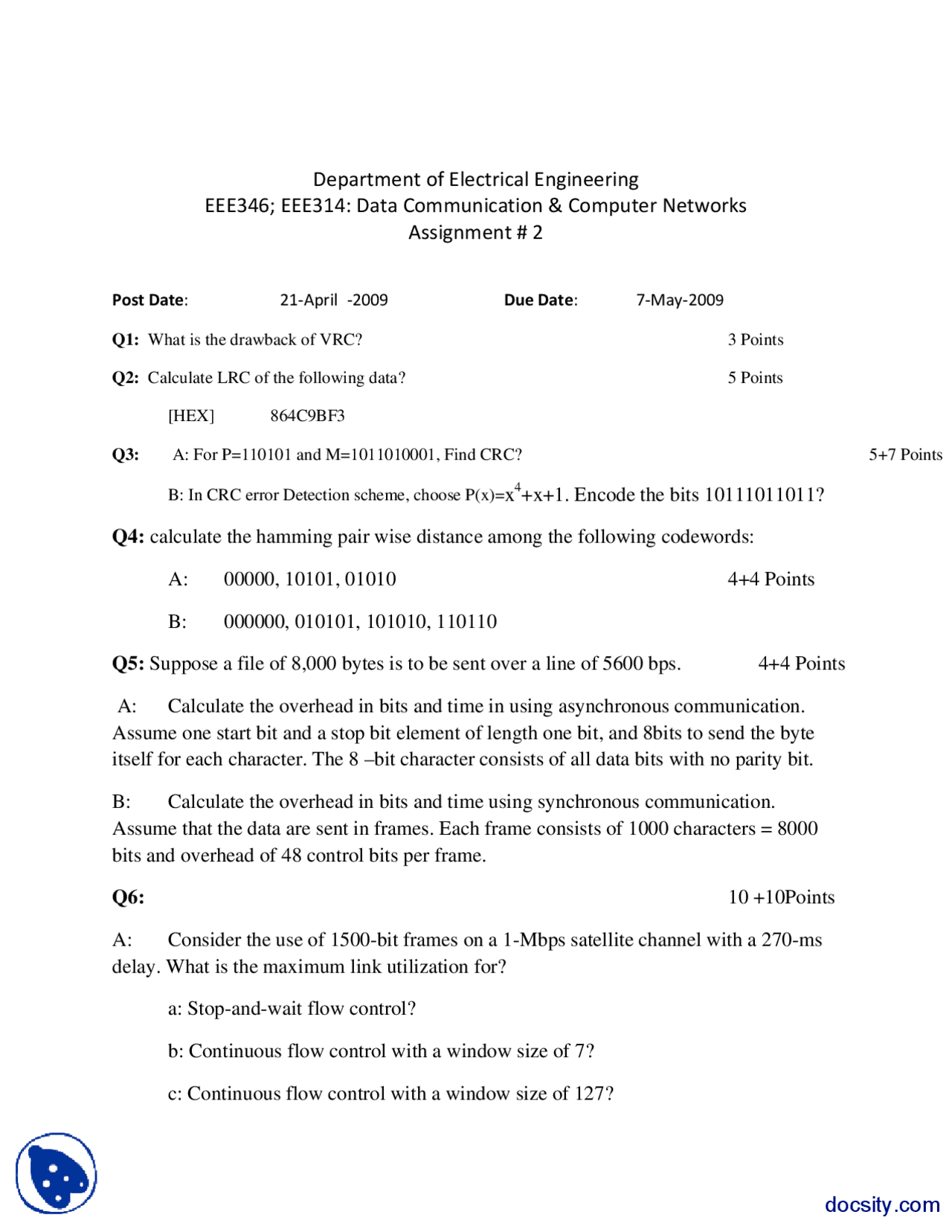 Hamming Pairwise Distance Vrc Lrc Computer Networks Assignment Docsity