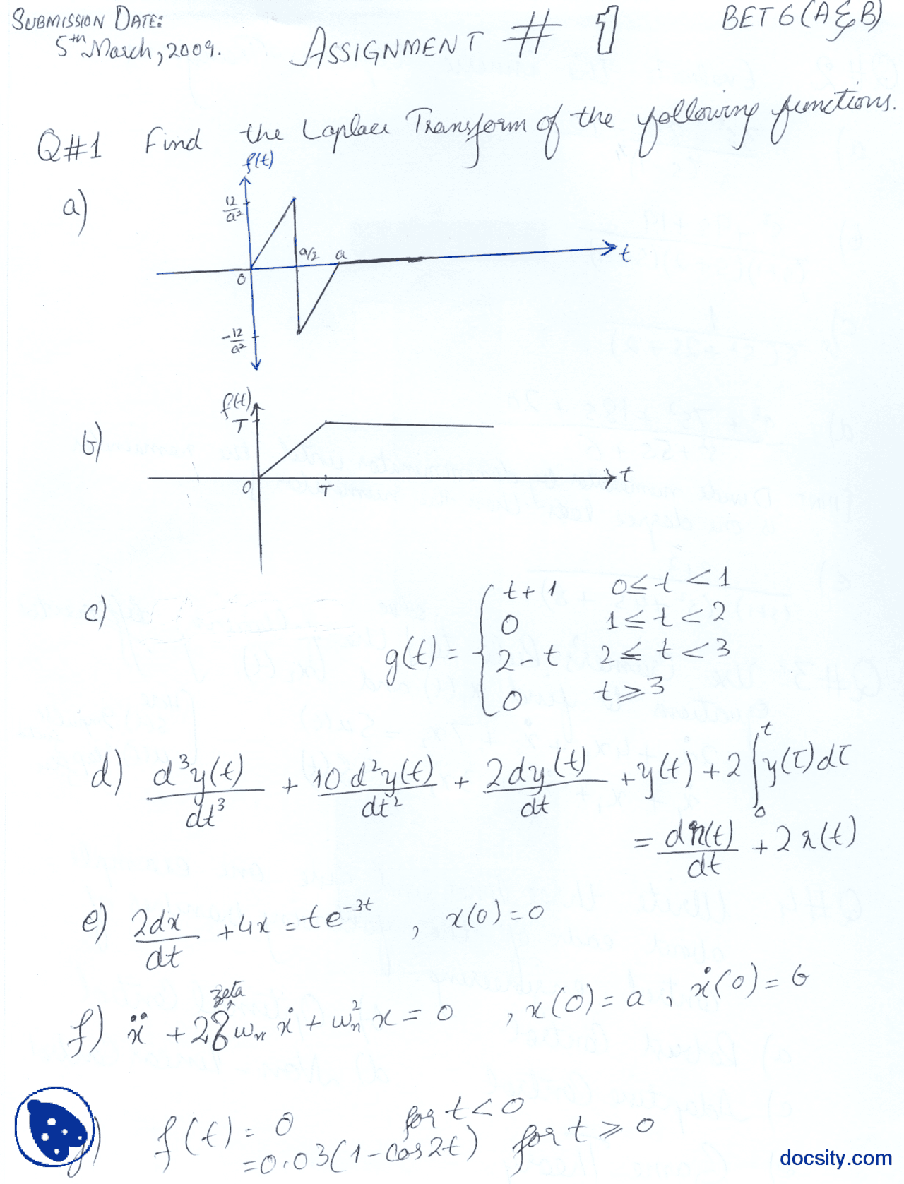 Laplace Transform Control Systems Assignment Docsity