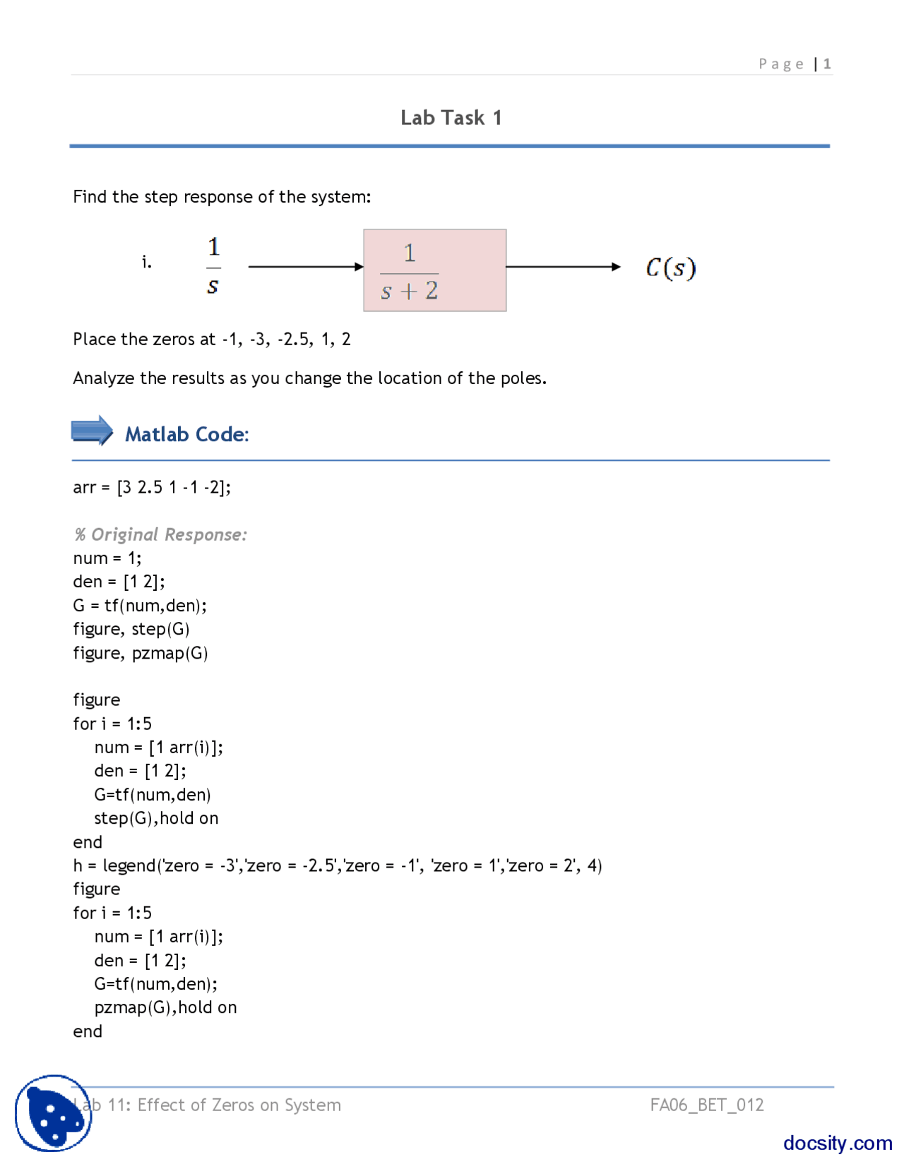 Step Response Ii Control Systems Lab Reports Docsity