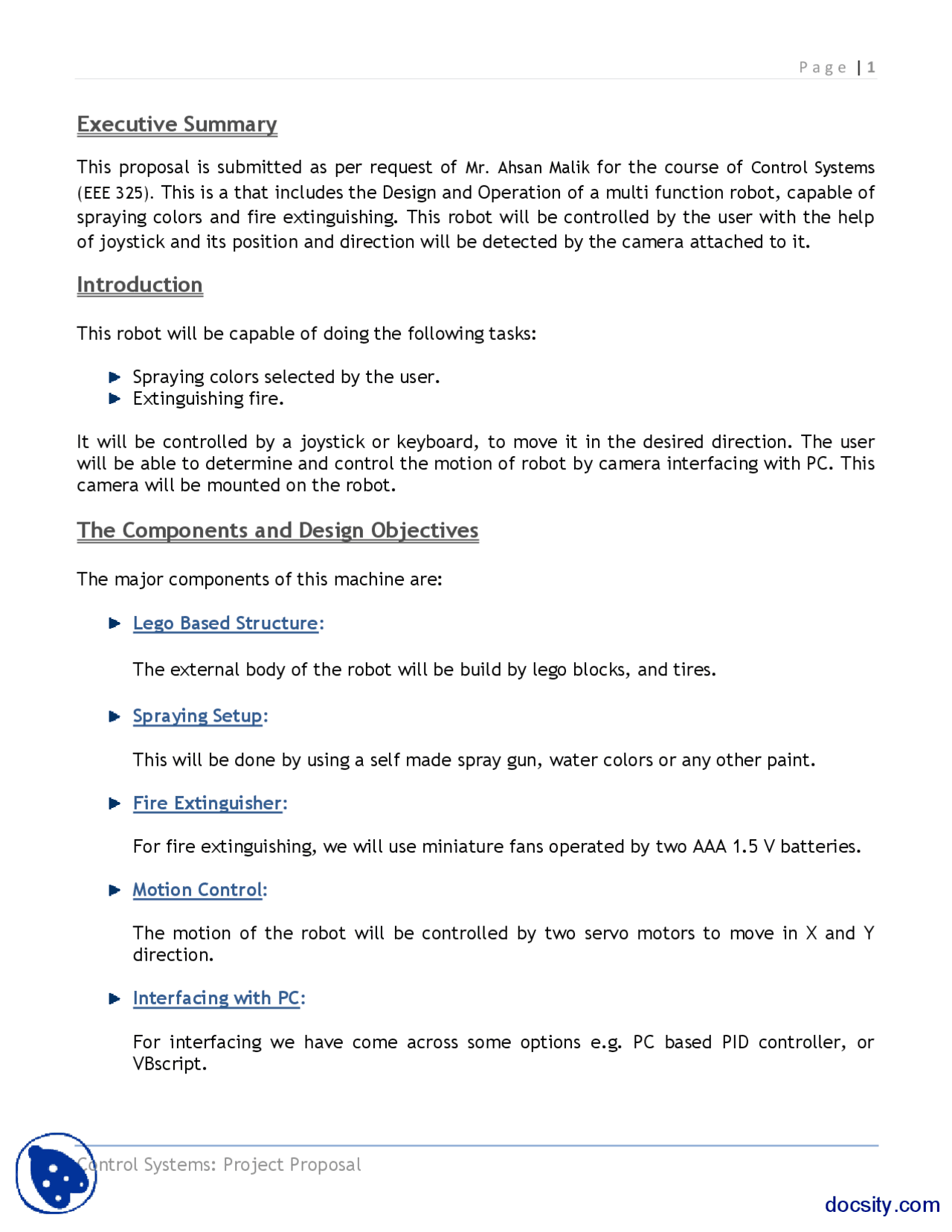 Proposal 1 Control Systems Project Report Docsity