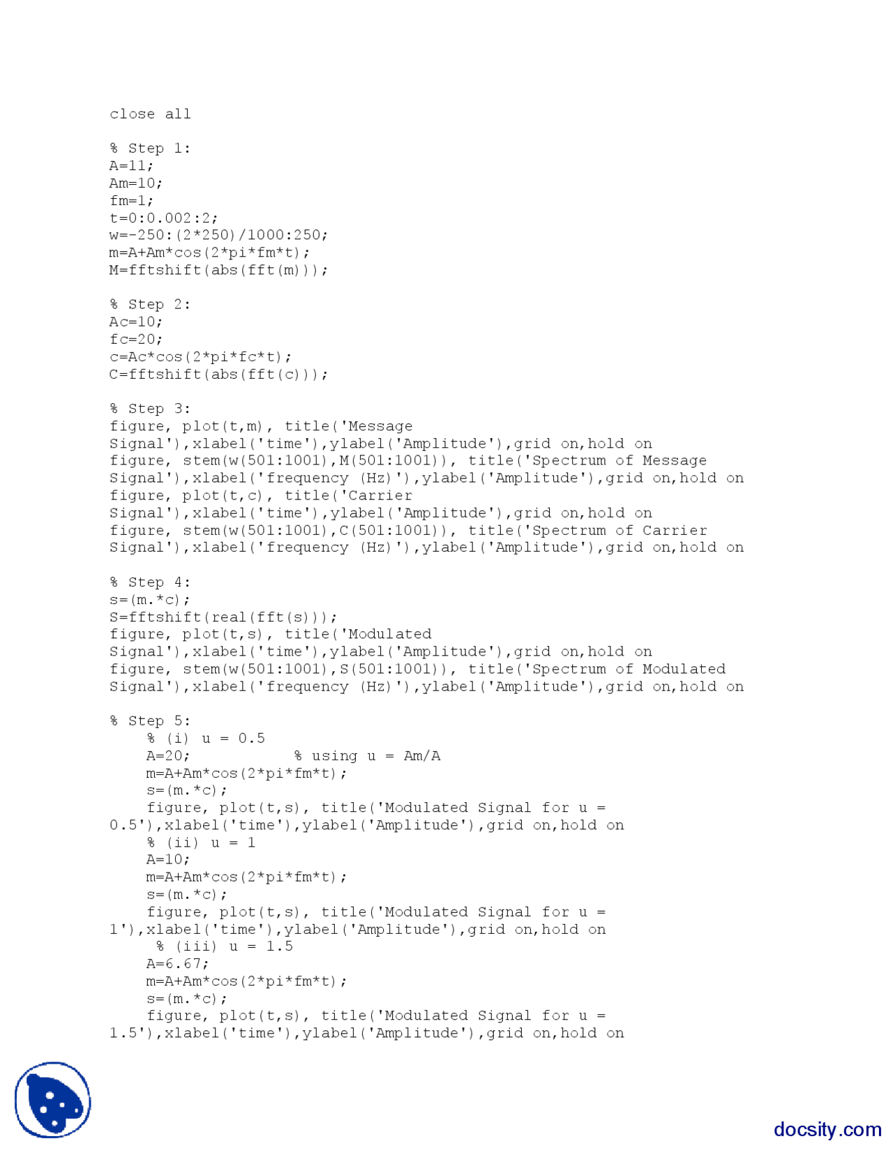Amplitude Modulation Analog Communication Matlab Codes Docsity
