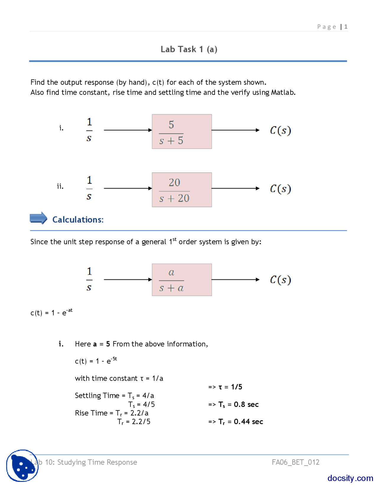 Output Response Control Systems Lab Reports Docsity
