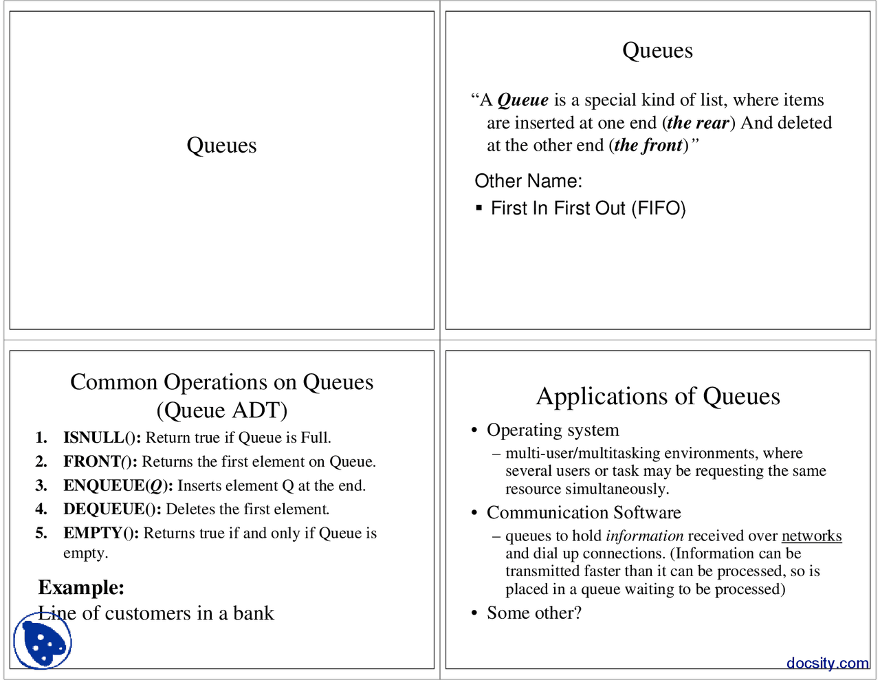 Queues Data Structures And Representation Lecture Slides Docsity