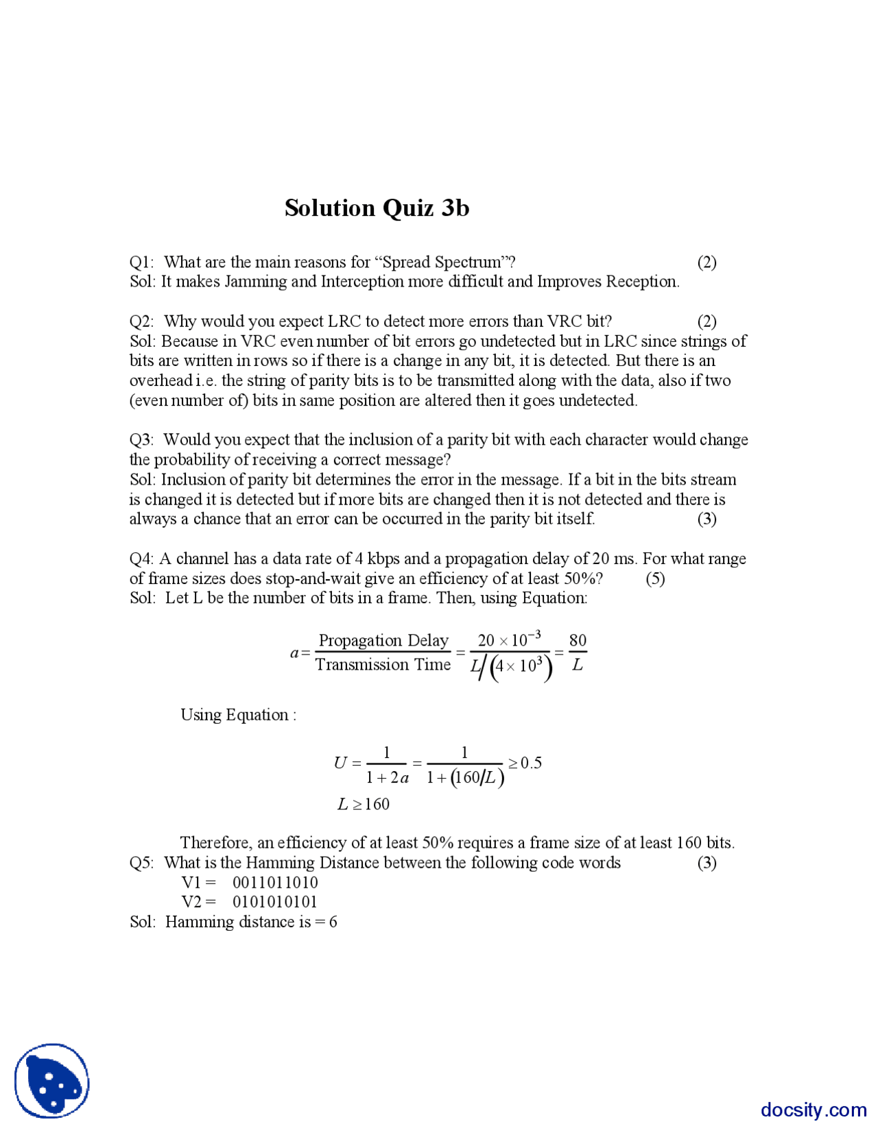 Spread Spectrum Lrc Vrc Wireless Networking Lan And Computer Networks Quiz Solution Docsity