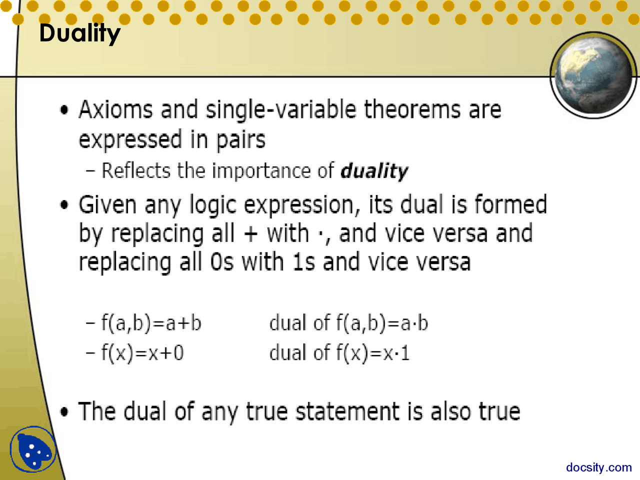 Lecture about Duality-Digital Logic Design-Lecture Slides - Docsity