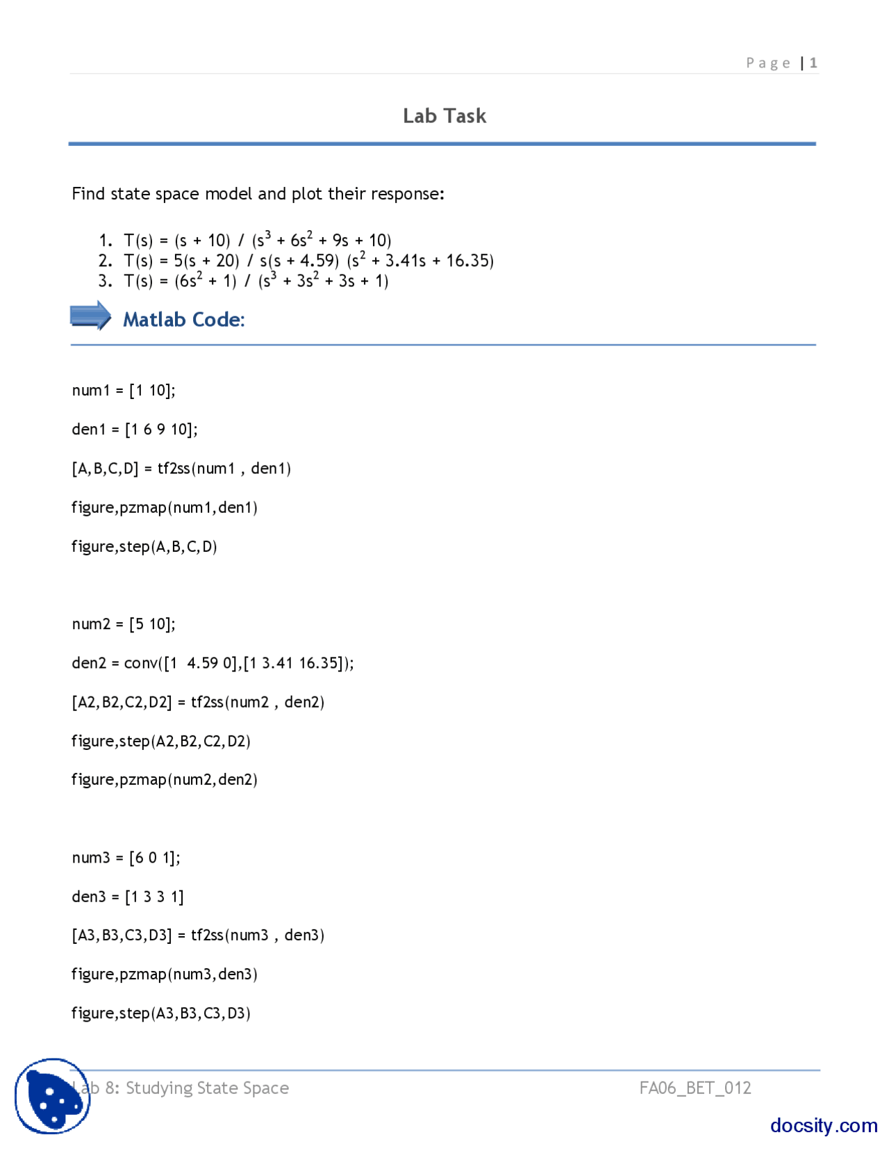 State Space Model Control Systems Lab Reports Docsity