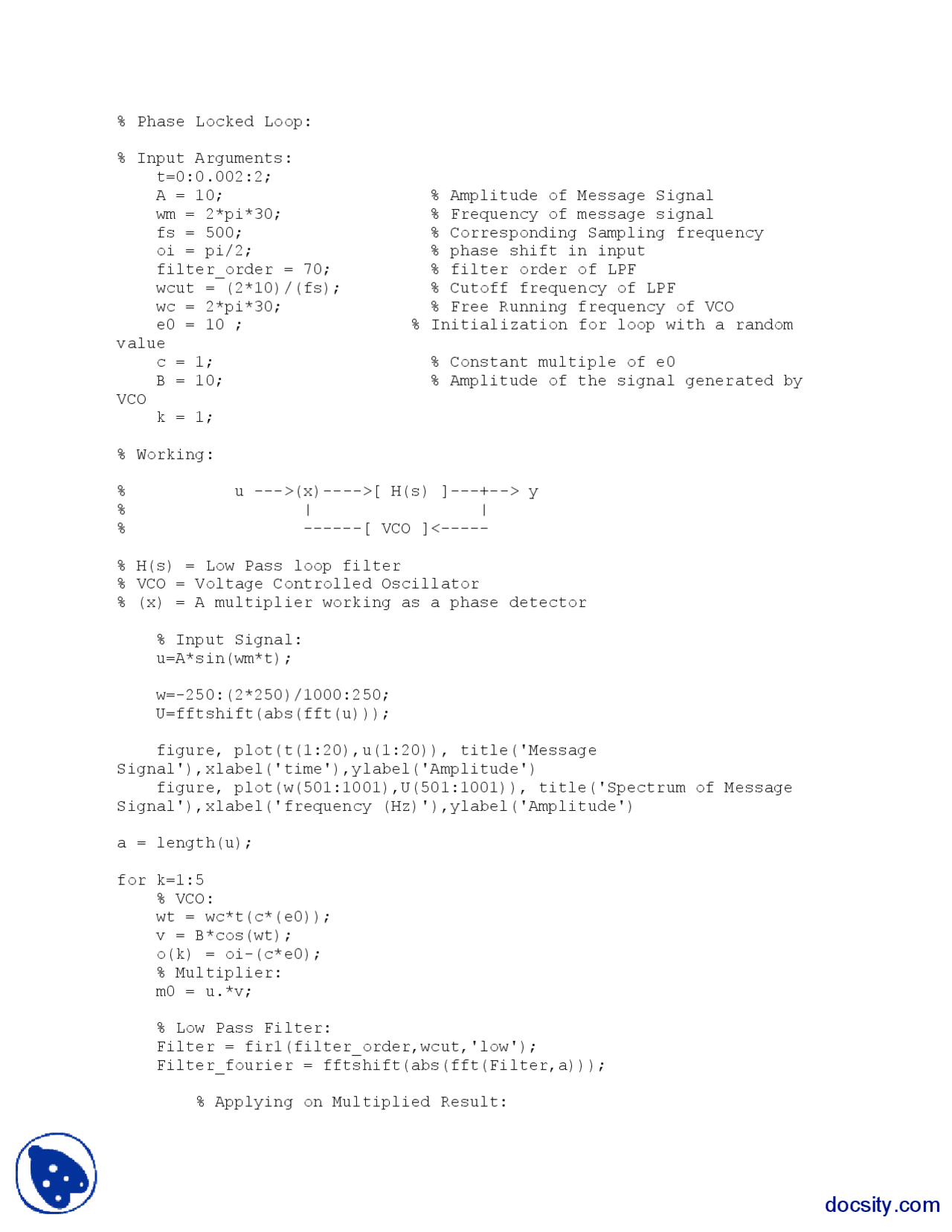 Phase Locked Loop IV-Analog Communication-Matlab Codes - Docsity