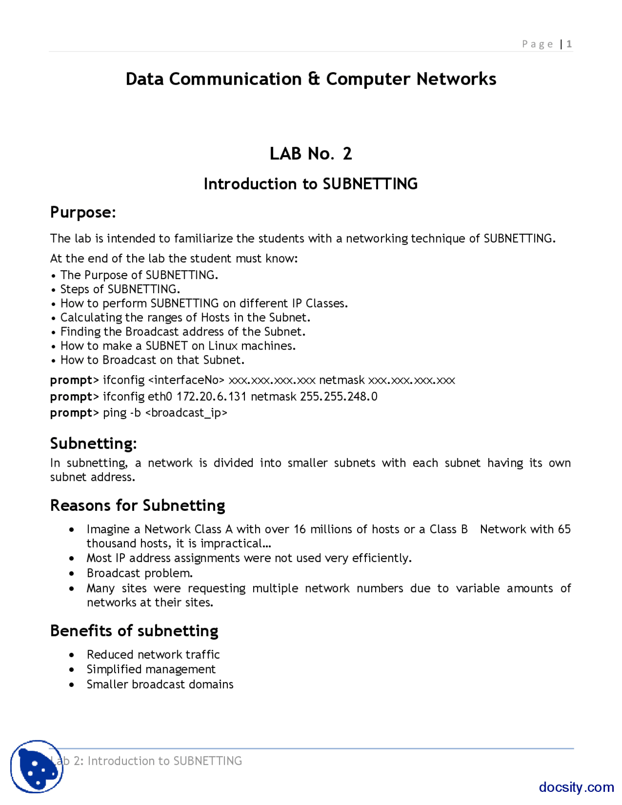 Introduction To Subnetting 2 Networking And Computer Networks Lab Handout Docsity