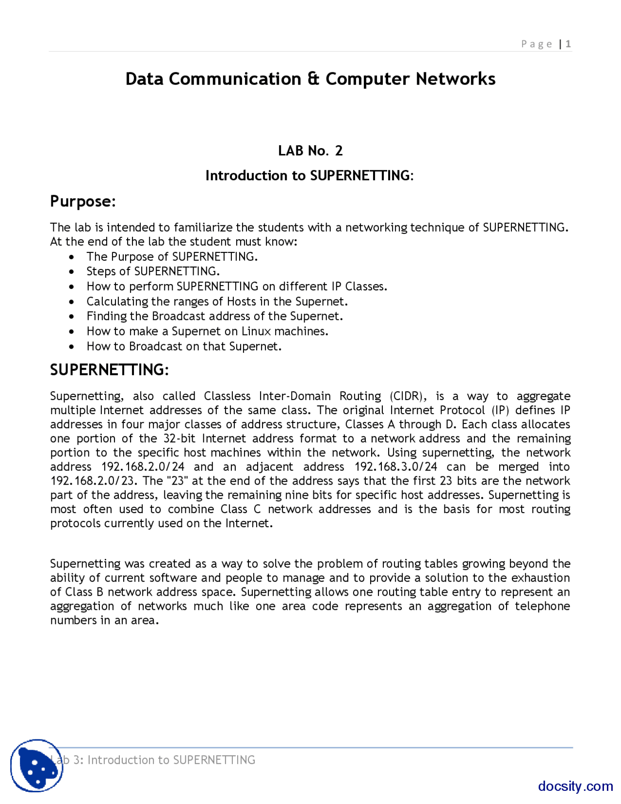Introduction To Supernetting 2 Networking And Computer Networks Lab Handout Docsity