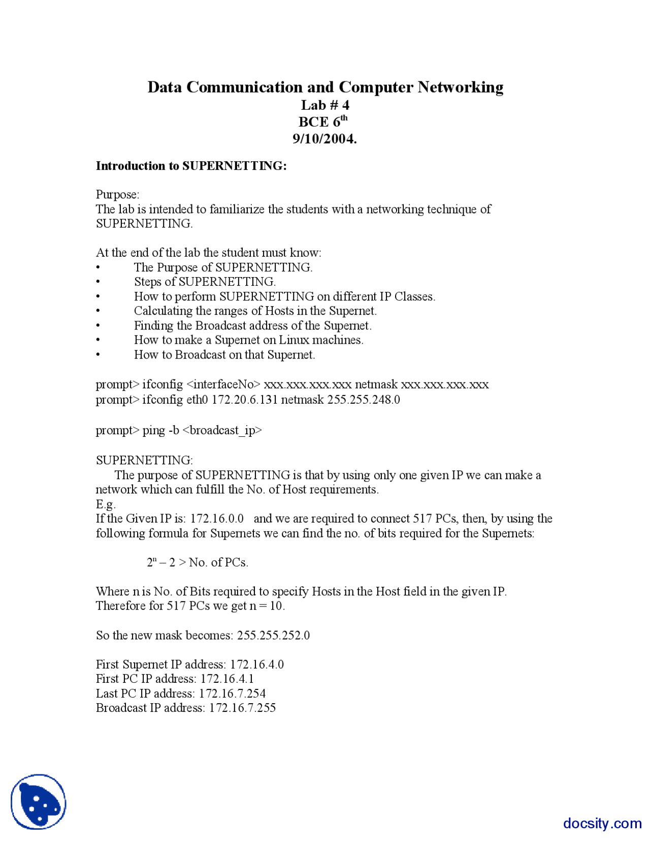 Introduction To Supernetting Networking And Computer Networks Lab Handout Exercises Data
