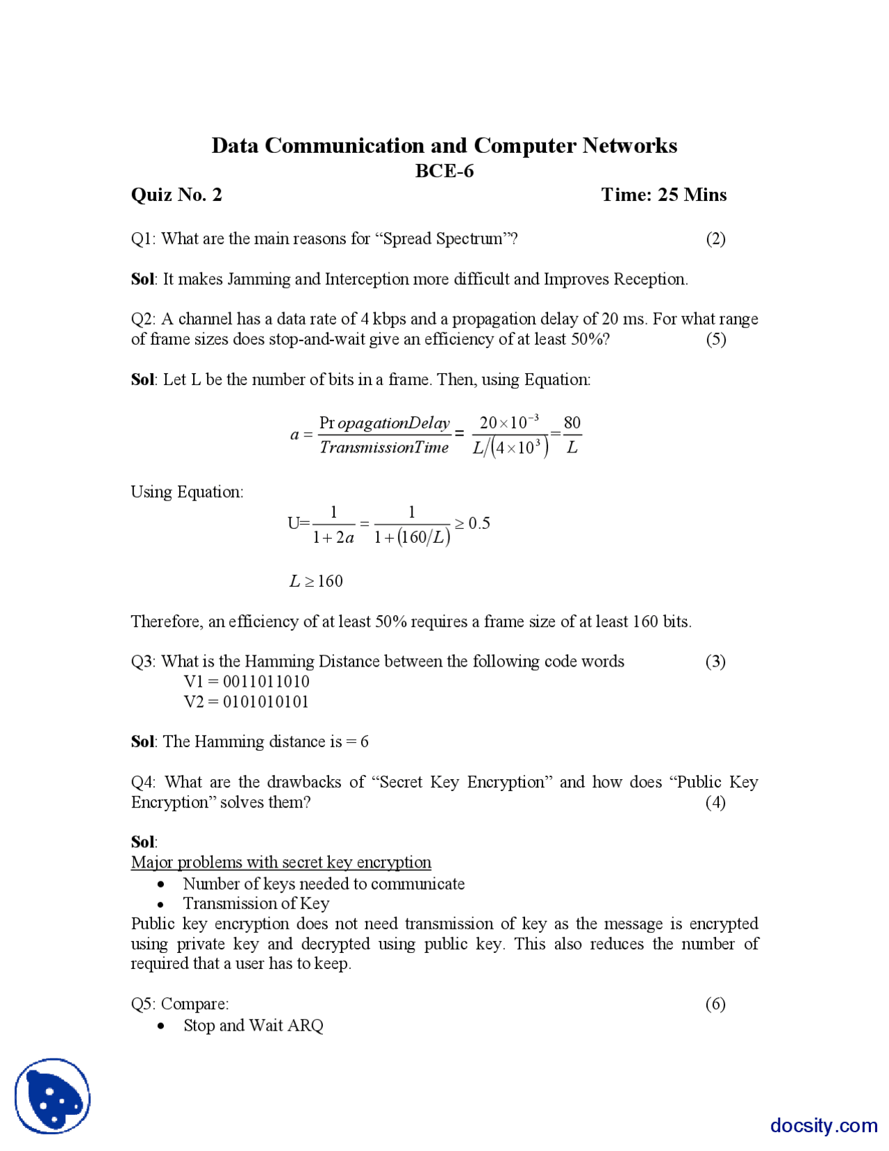 Spread Spectrum Hamming Distance Wireless Networking Lan And Computer Networks Quiz Solution