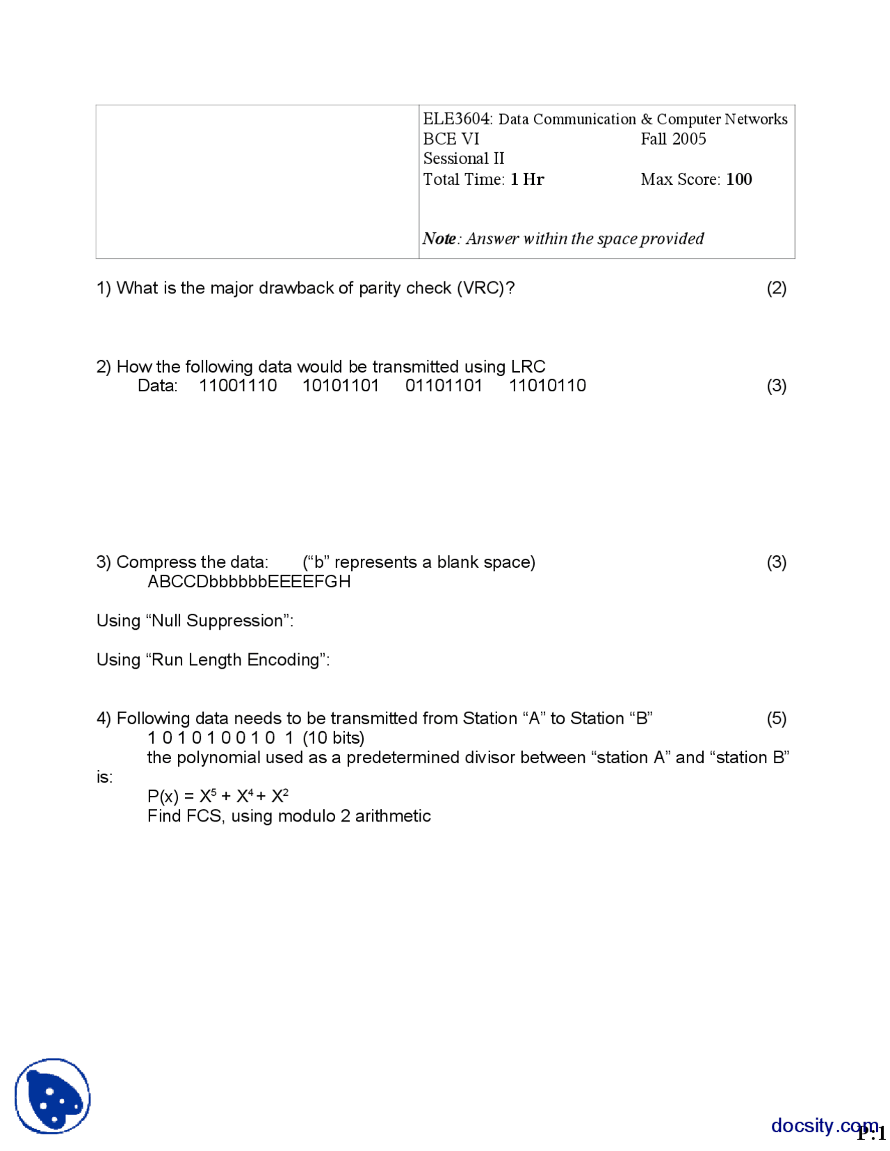 Parity Check, LRC, VRC, Hamming Distance-Wireless Networking, LAN and Computer Networks-Quiz ...