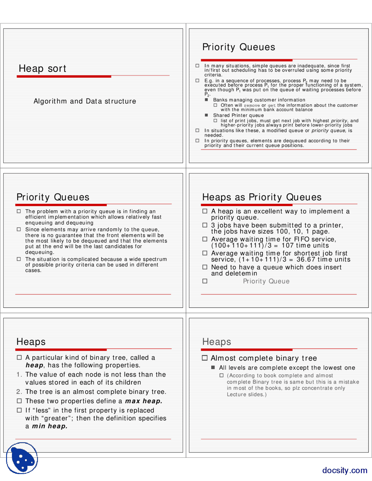 Heap Sort Data Structures And Representation Lecture Slides Docsity