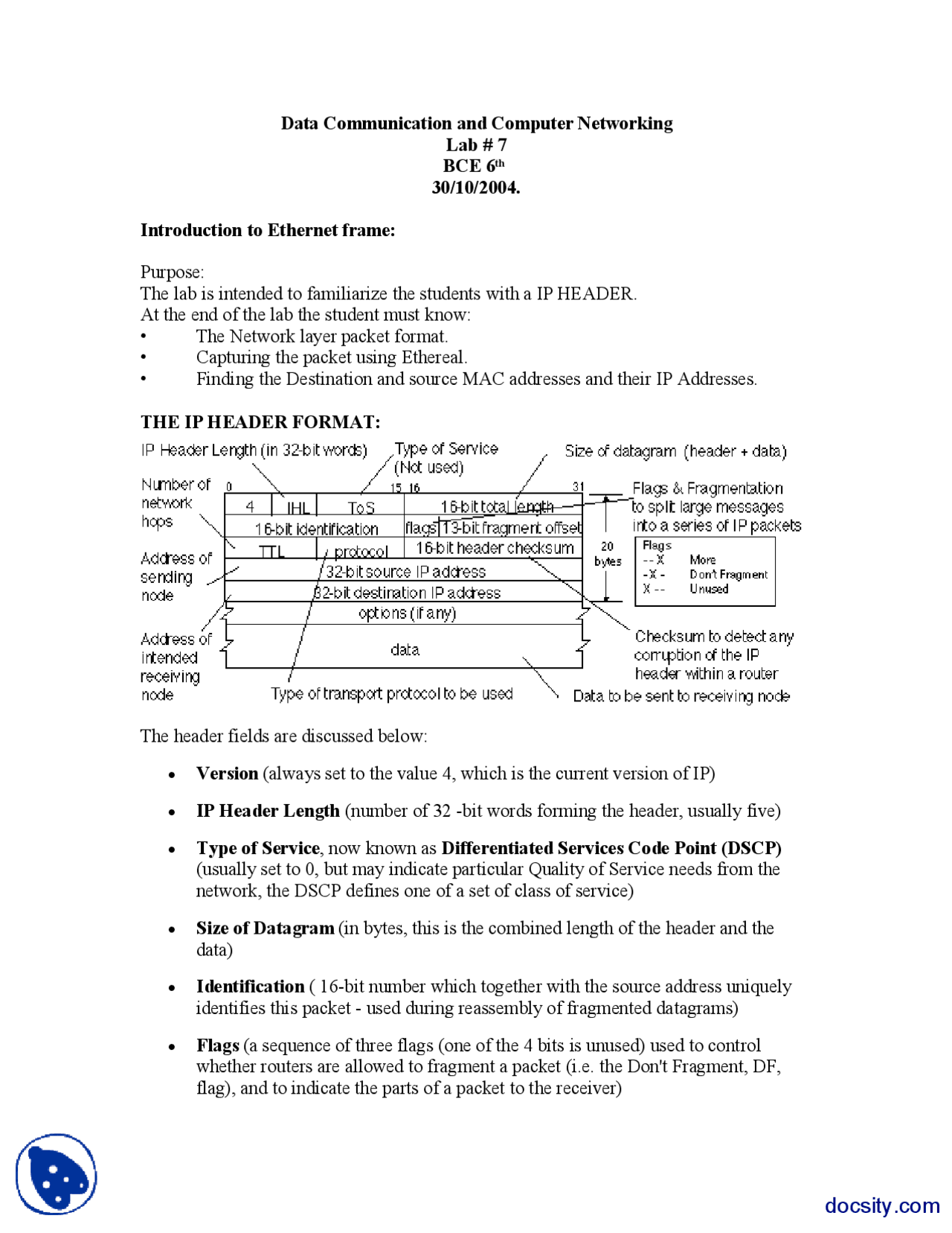 Introduction To Ethernet Frame 1 Computer Networks Lab Handout Docsity