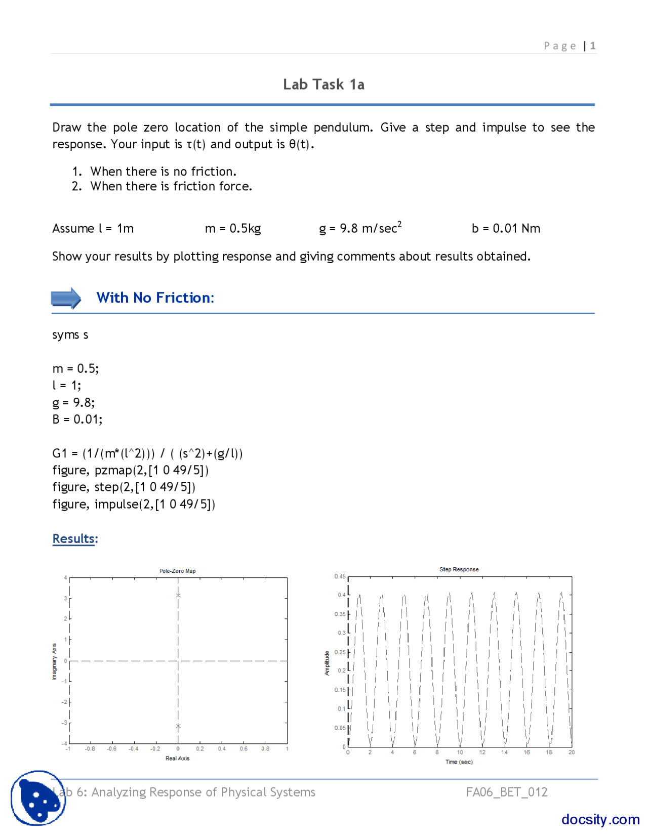 Zero Location in Pendulum-Control Systems-Lab Reports - Docsity